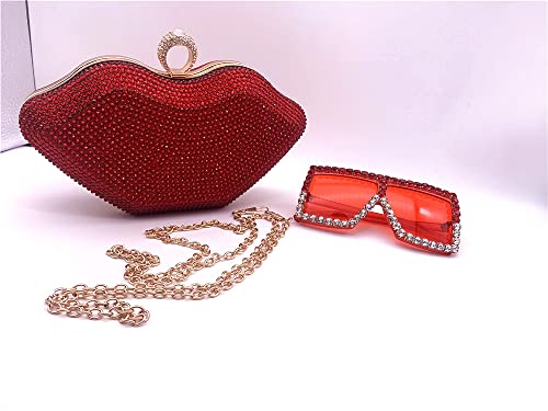 JU+ Women Lip Purses Evening Clutch Rhinestone Lips-Shaped Crossbody Bags Vintage Banquet Handbag(Red)