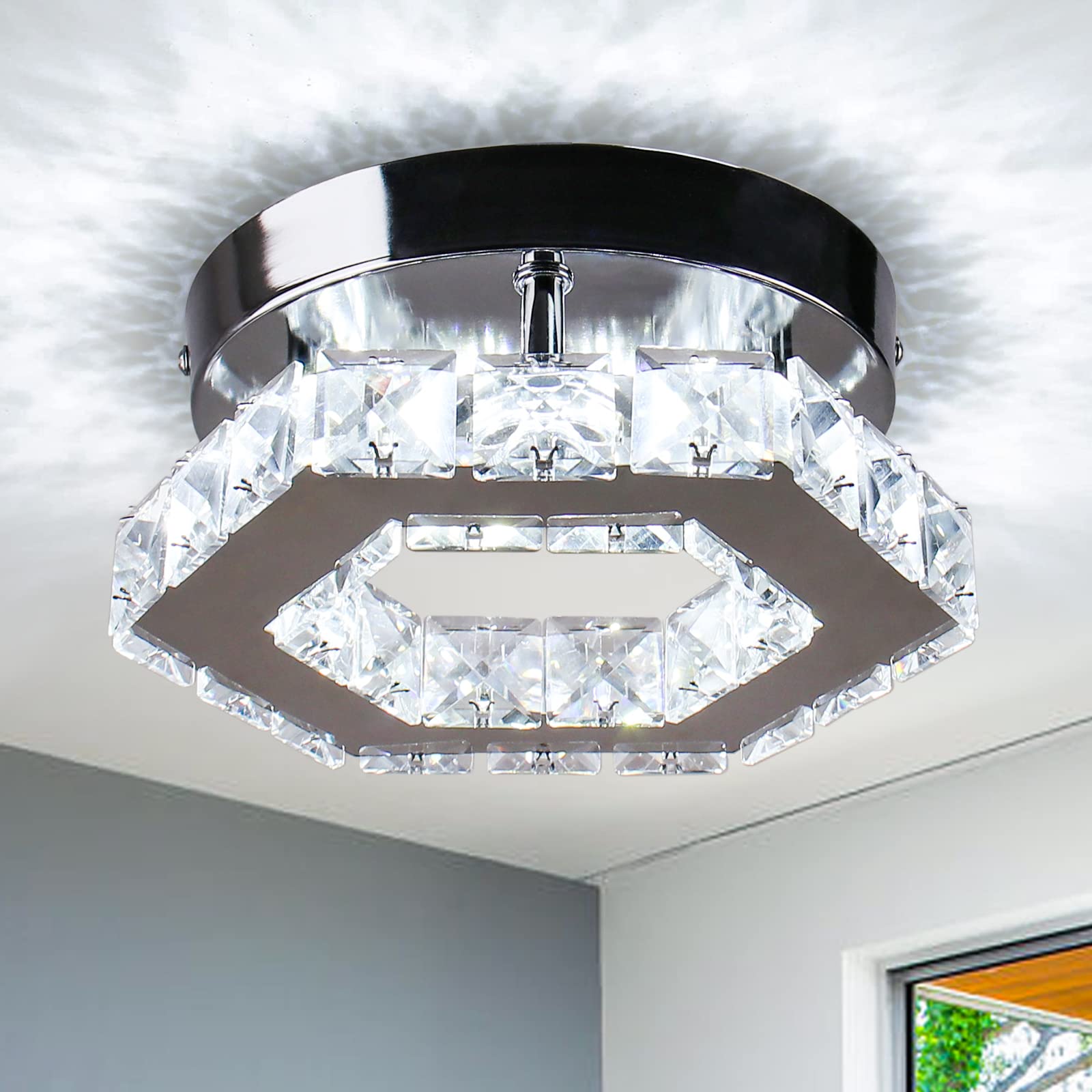Cainjiazh Mini Chandelier LED Crystal Chandelier Lighting Flush Mount Ceiling Light Fixture Modern Ceiling Crystal Lamp for Hallway Bar Staircase Kitchen Bedroom (Multicolor)