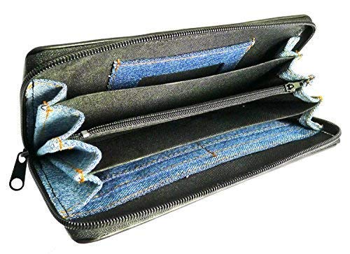 Bijoux De Ja Upcycling Blue Denim Money Zip Around Wallet Wristlet Purse Clutch for Women