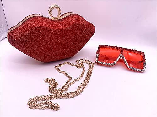 JU+ Women Lip Purses Evening Clutch Rhinestone Lips-Shaped Crossbody Bags Vintage Banquet Handbag(Red)