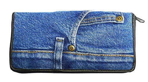Bijoux De Ja Upcycling Blue Denim Money Zip Around Wallet Wristlet Purse Clutch for Women