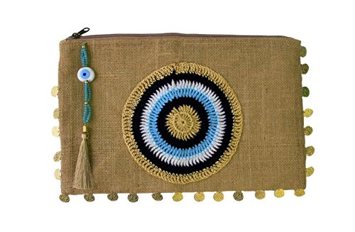 Karens Line Mia Evil Eye Eco Friendly Jute Handheld Clutch Purse Large Space with Zipper Closure&Crystal Decoration Natural Beige