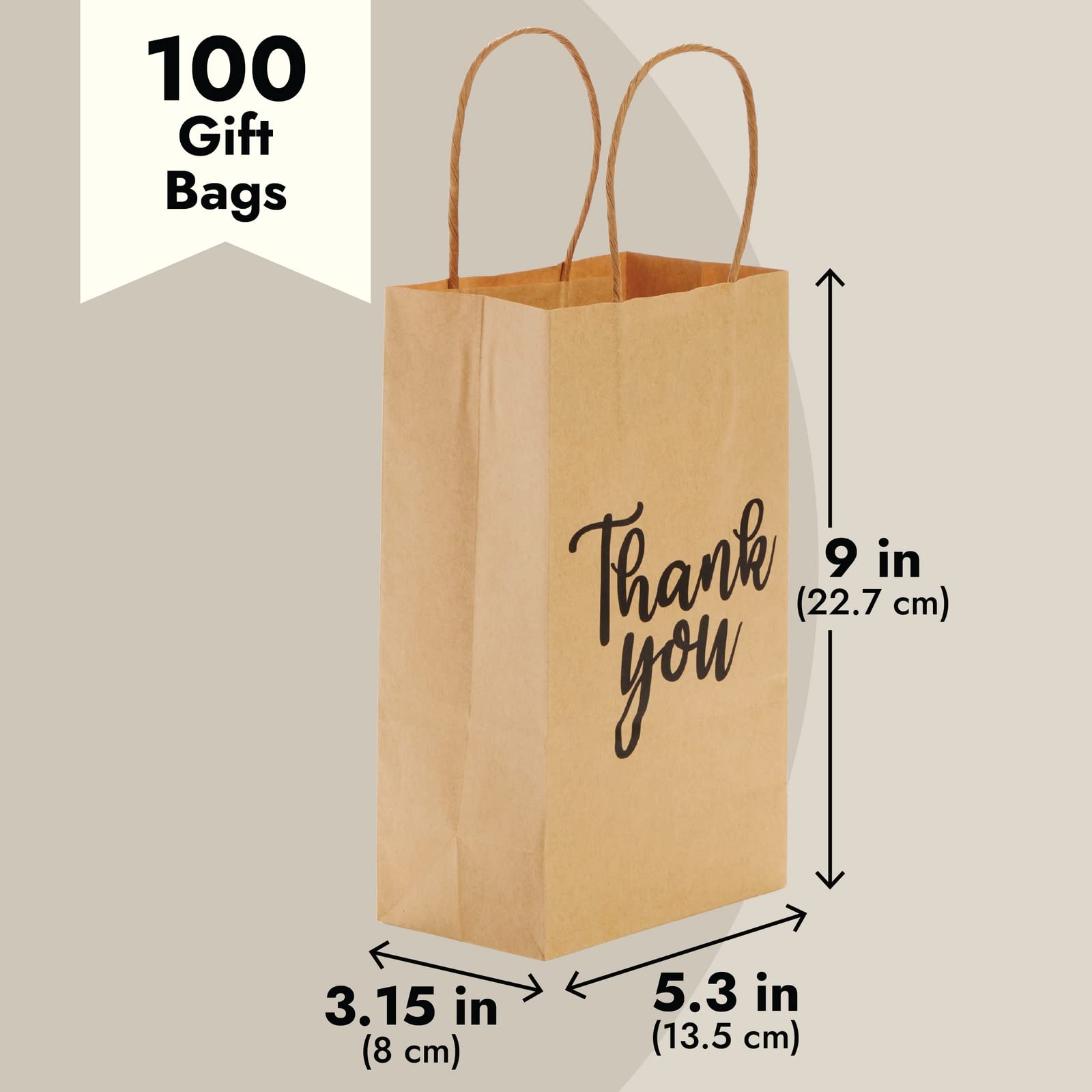 Sparkle and Bash Thank You Party Favor Kraft Bags (9 x 5.3 x 3.15 in, 100 Pack)