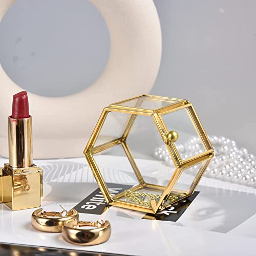 Feyarl Small Gold Glass Jewelry Trinket Tiny Box Ornate Ring Earring Display Box Keepsake Organizer Case Artificial Flower Petals Decorative Box Valentine Wedding Birthday Gift
