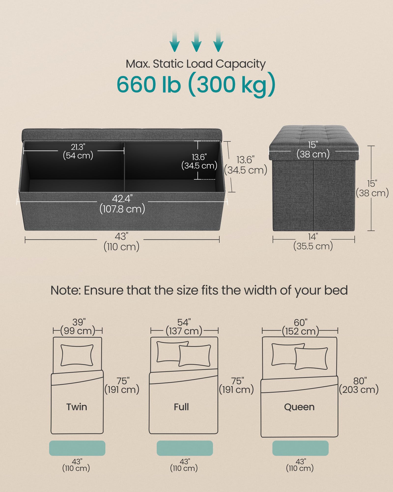 SONGMICS 43 Inches Folding Storage Ottoman Bench, Storage Chest, Foot Rest Stool, Bedroom Bench with Storage, Holds up to 660 lb, Dark Gray ULSF77K