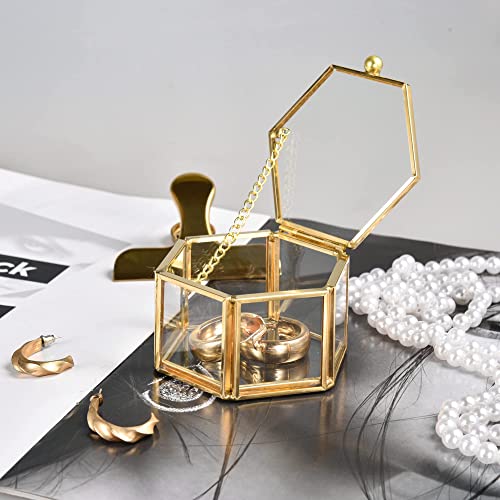 Feyarl Small Gold Glass Jewelry Trinket Tiny Box Ornate Ring Earring Display Box Keepsake Organizer Case Artificial Flower Petals Decorative Box Valentine Wedding Birthday Gift