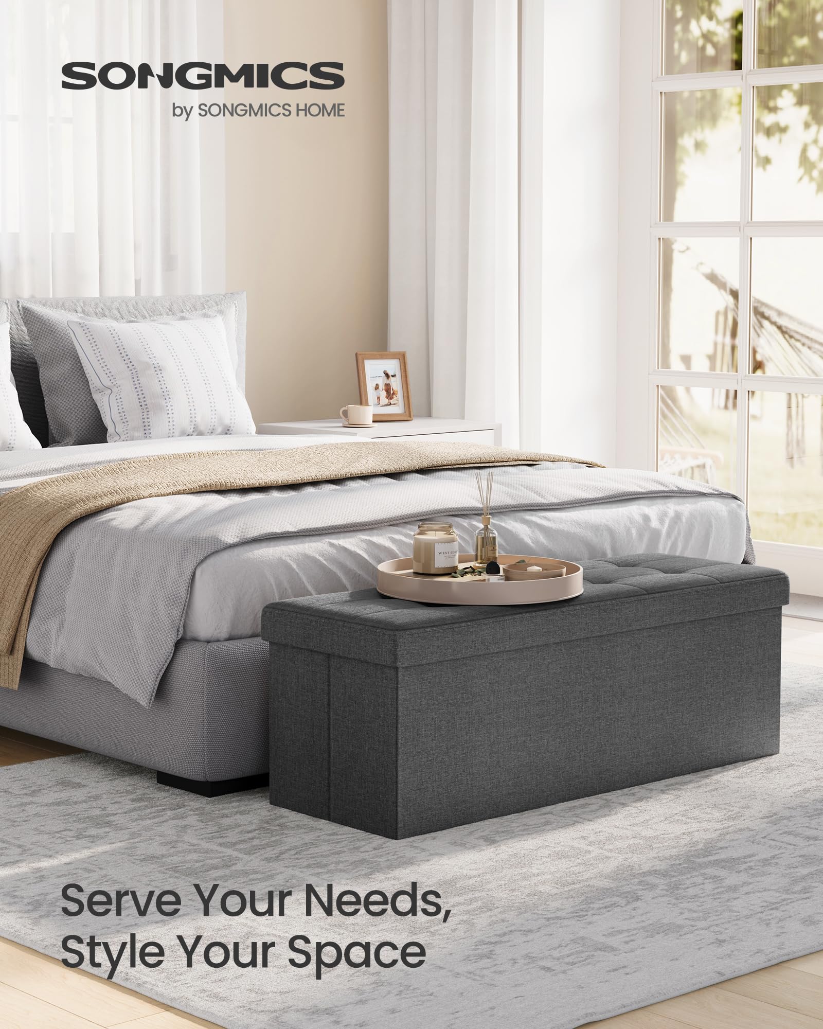 SONGMICS 43 Inches Folding Storage Ottoman Bench, Storage Chest, Foot Rest Stool, Bedroom Bench with Storage, Holds up to 660 lb, Dark Gray ULSF77K