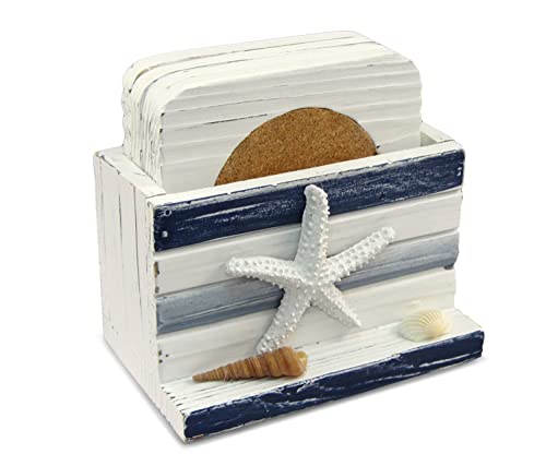 COTA Global Blue Stripes Nautical Wooden Coaster Set - Table Top Centerpiece Coastal Decor for Kitchen, Home, Beach House, Rustic Decorative 4 Coasters Set with Holder - Handmade Color May Vary