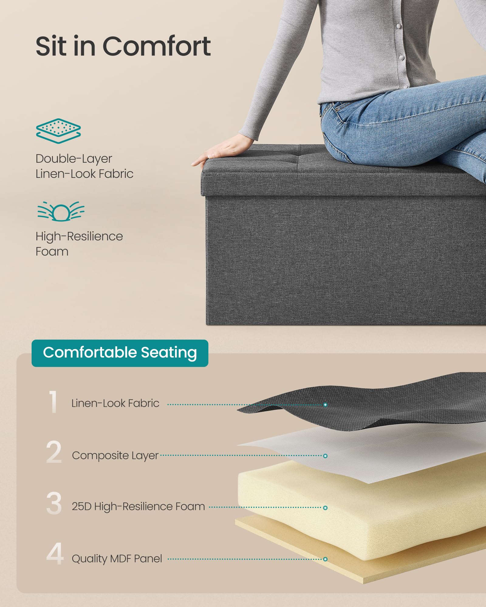 SONGMICS 43 Inches Folding Storage Ottoman Bench, Storage Chest, Foot Rest Stool, Bedroom Bench with Storage, Holds up to 660 lb, Dark Gray ULSF77K
