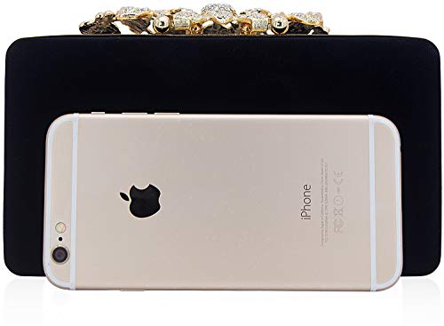 Dexmay Velvet Women Clutch Evening Bag with Rhinestone Crystal Flower Clasp Formal Purse for Party Black