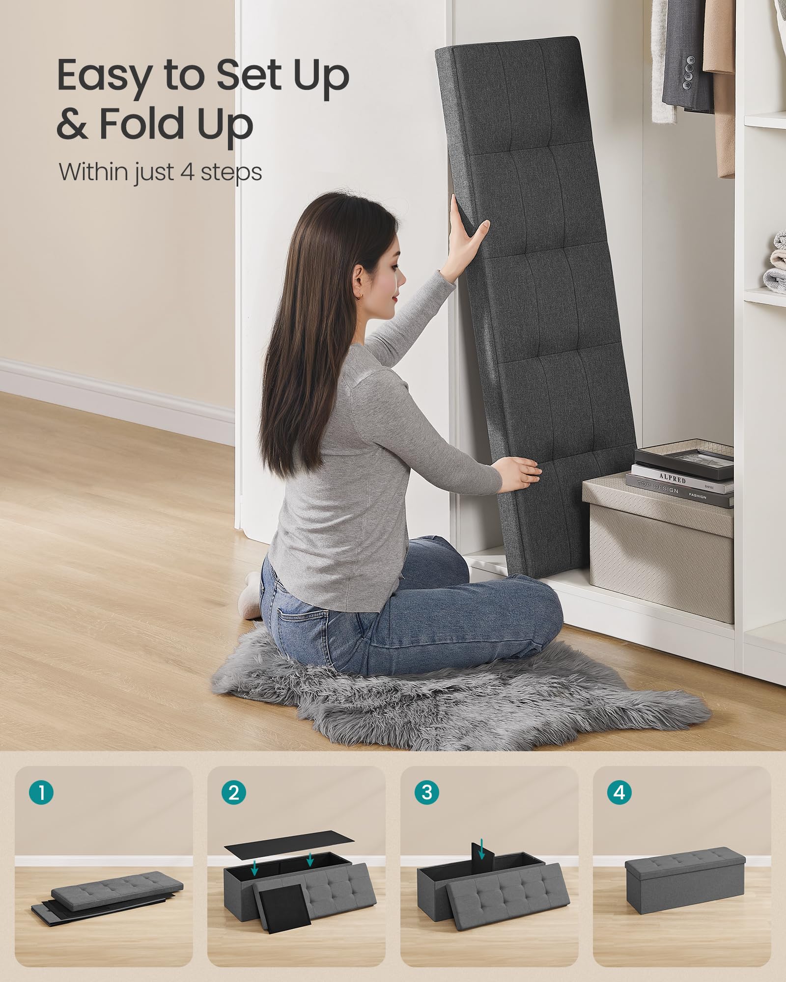 SONGMICS 43 Inches Folding Storage Ottoman Bench, Storage Chest, Foot Rest Stool, Bedroom Bench with Storage, Holds up to 660 lb, Dark Gray ULSF77K