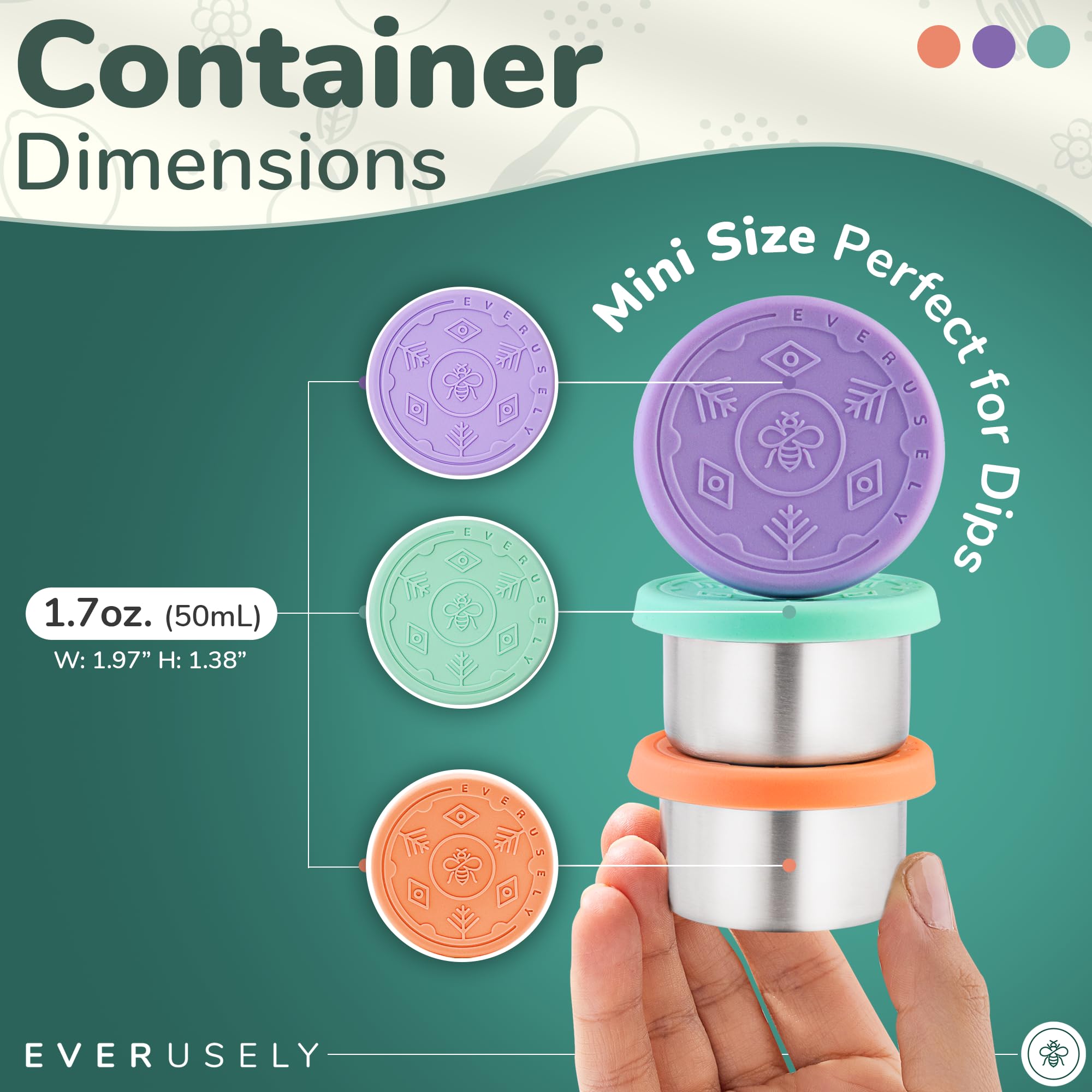 Everusely 3 x 1.7oz Leakproof Salad Dressing Container To Go, Stainless Steel Small Condiment Containers with Lids, Sauce Containers For Lunch Box, Dressing Cups with Lids, Dip Containers, Sauce Cups