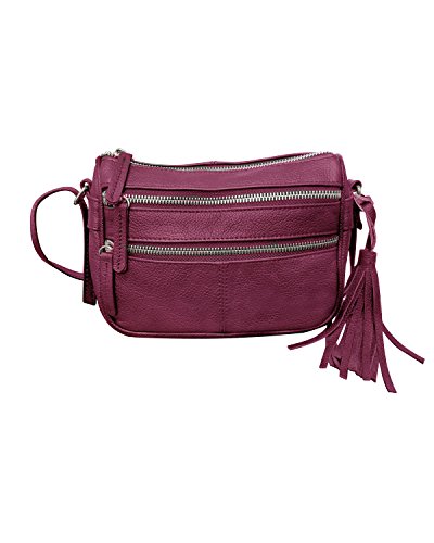 Roma Leathers Tassel Compact Body Purse - Cowhide Leather, Metal Zipper Teeth - Wine