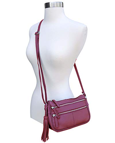 Roma Leathers Tassel Compact Body Purse - Cowhide Leather, Metal Zipper Teeth - Wine