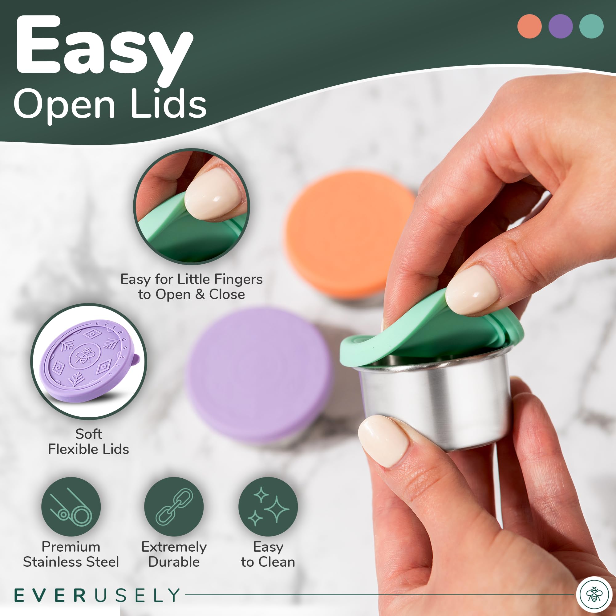 Everusely 3 x 1.7oz Leakproof Salad Dressing Container To Go, Stainless Steel Small Condiment Containers with Lids, Sauce Containers For Lunch Box, Dressing Cups with Lids, Dip Containers, Sauce Cups