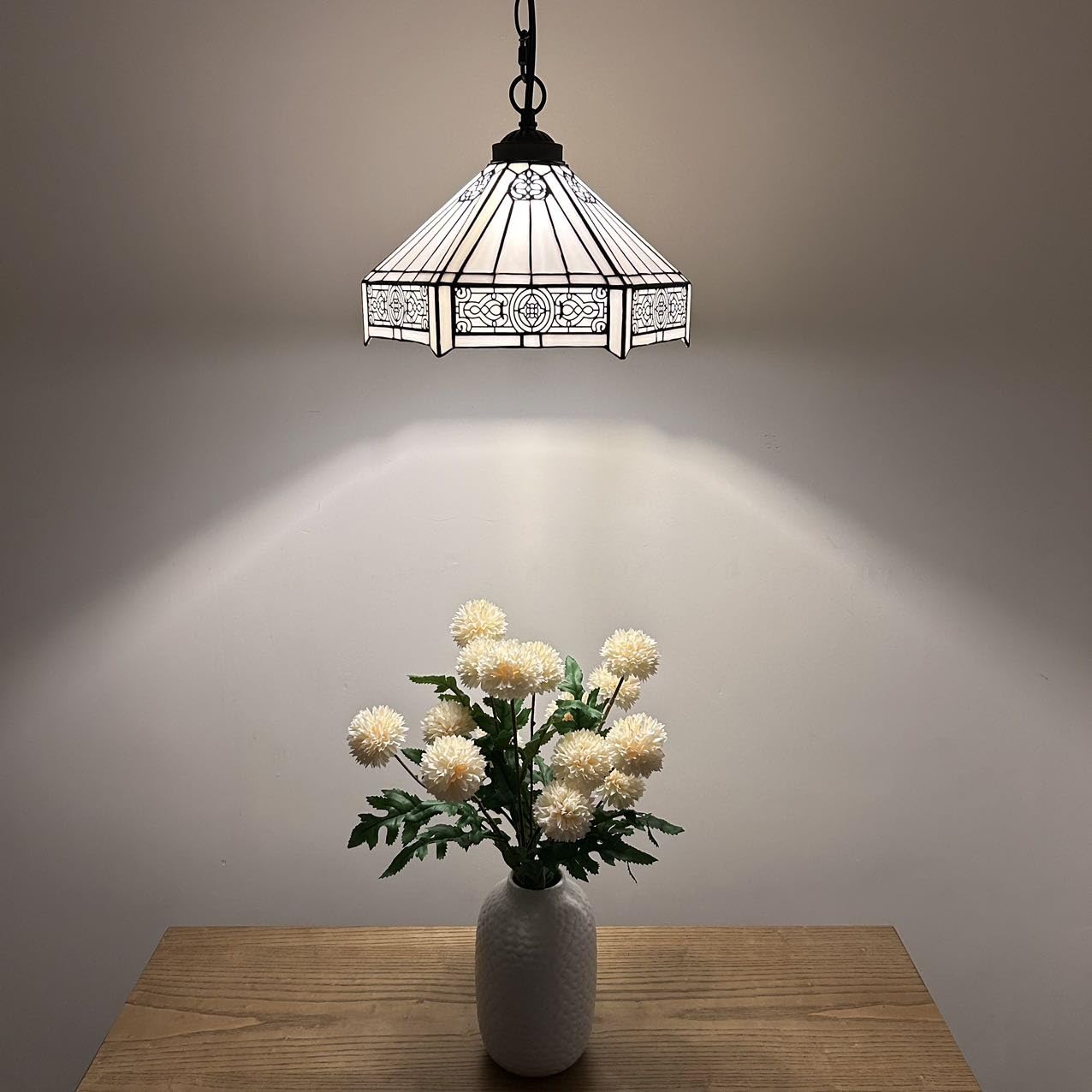 enjoy decor lamps Tiffany Pendant Lighting White Hexagon Stained Glass Hanging Lamp LED Bulb Included for Dining Room Island Kitchen Living Room 12”W*12”D*60”H
