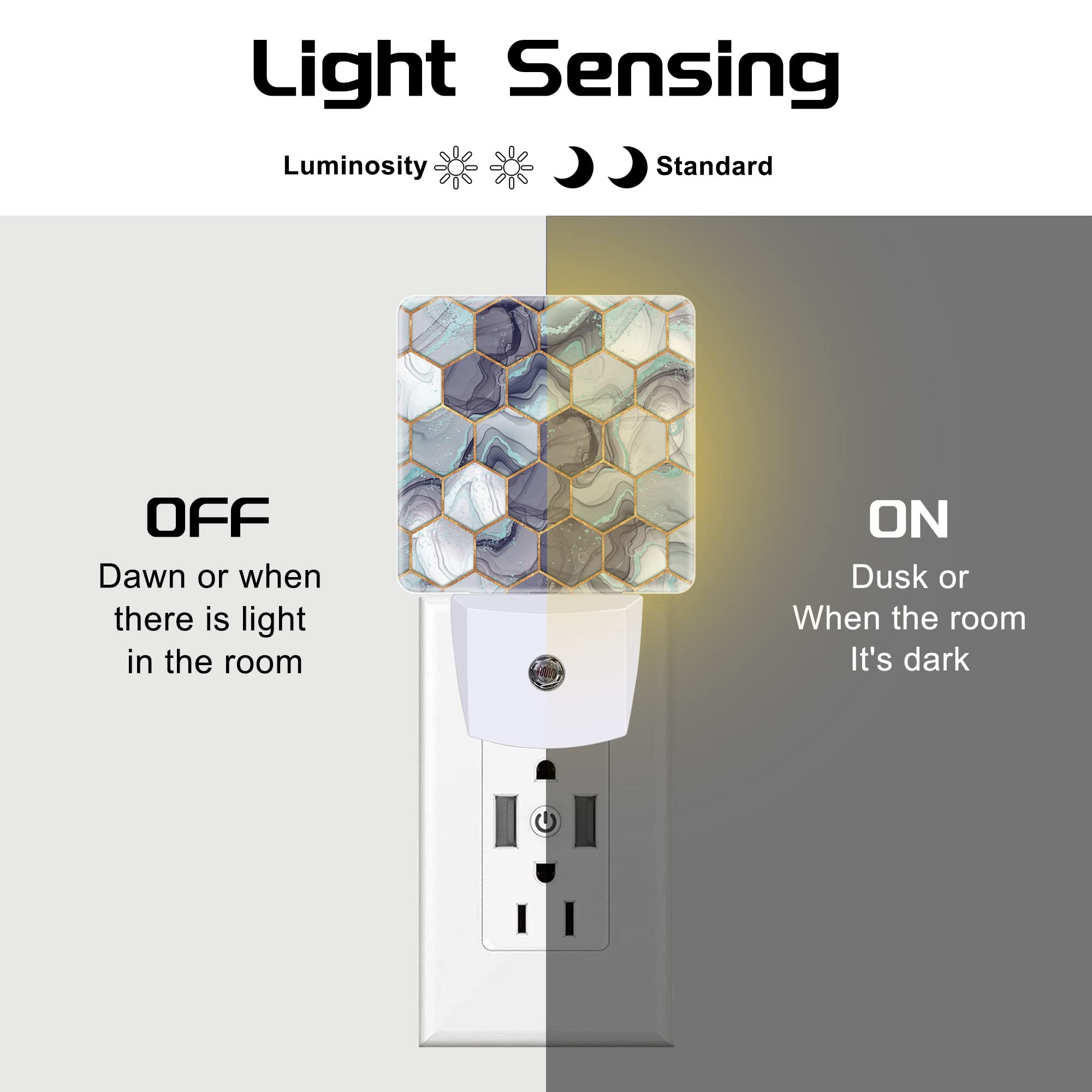 MSEAANBK Night Light Plug into Wall Hexagon Golden Blue Marble Night Light with Dusk to Dawn Sensor Night Light for Kid Girls Boys Women Men Room Decor, Hallway, Kitchen, Bathroom, Nursery, Stairs