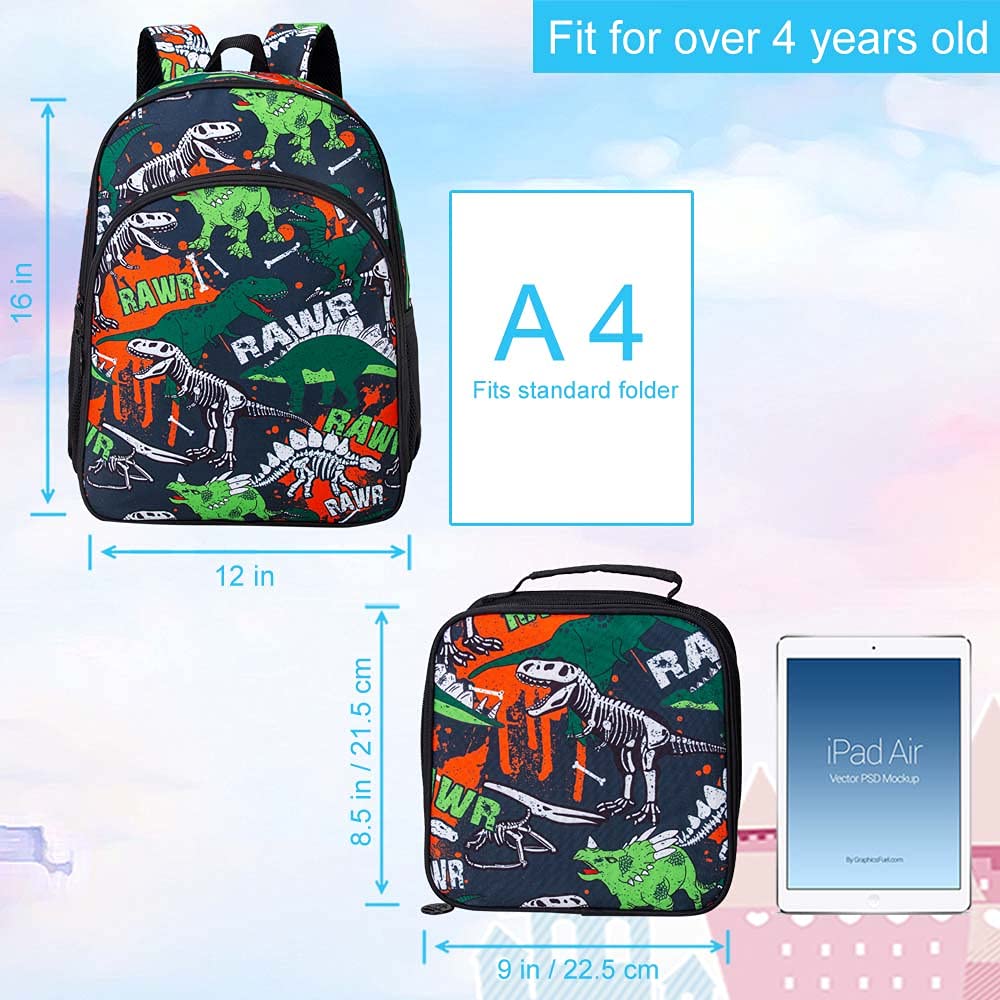 WZLVO 3PCS Kids Backpacks for Boys, 16" Dinosaur Preschool School Bookbag and Lunch Box for Elementary Toddler