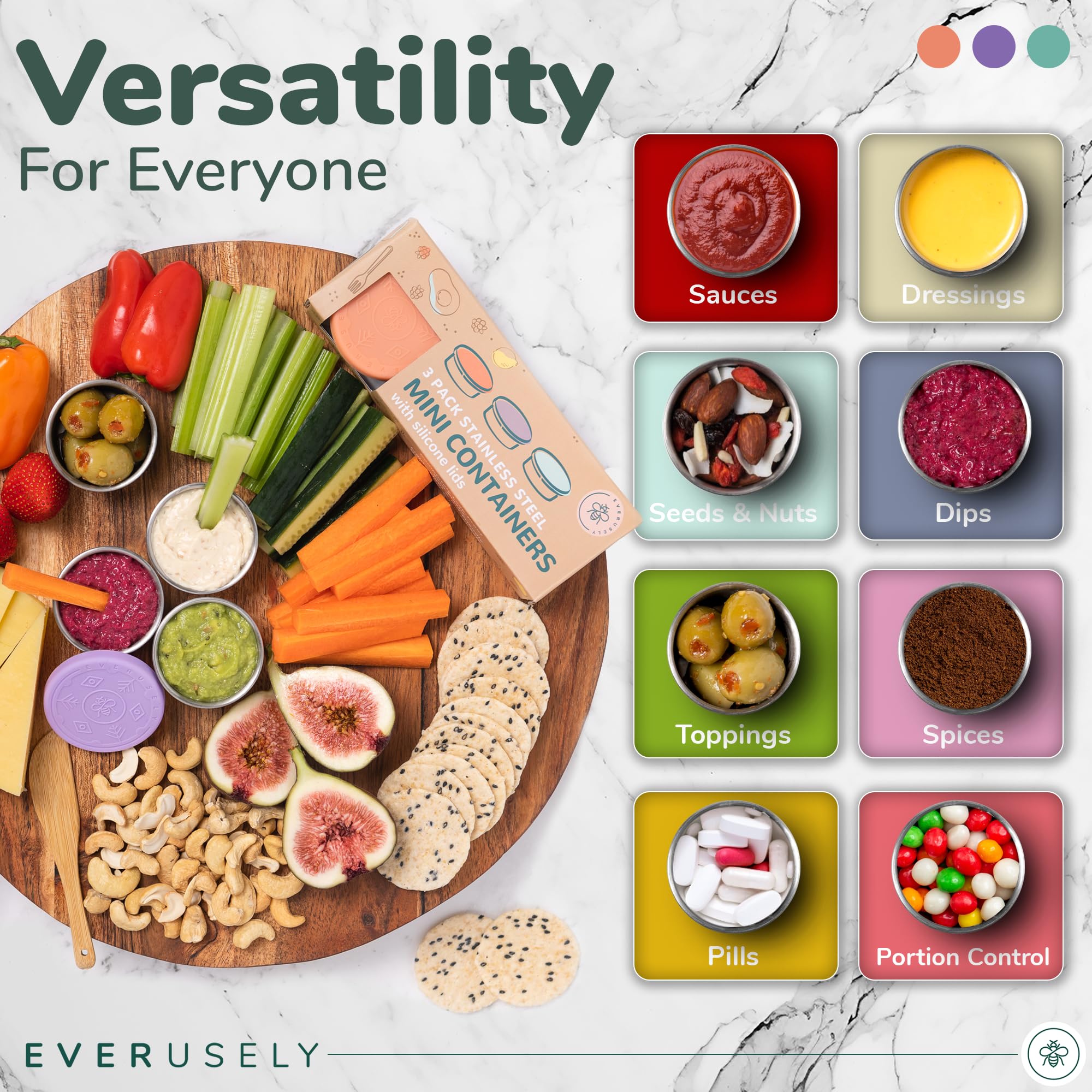 Everusely 3 x 1.7oz Leakproof Salad Dressing Container To Go, Stainless Steel Small Condiment Containers with Lids, Sauce Containers For Lunch Box, Dressing Cups with Lids, Dip Containers, Sauce Cups