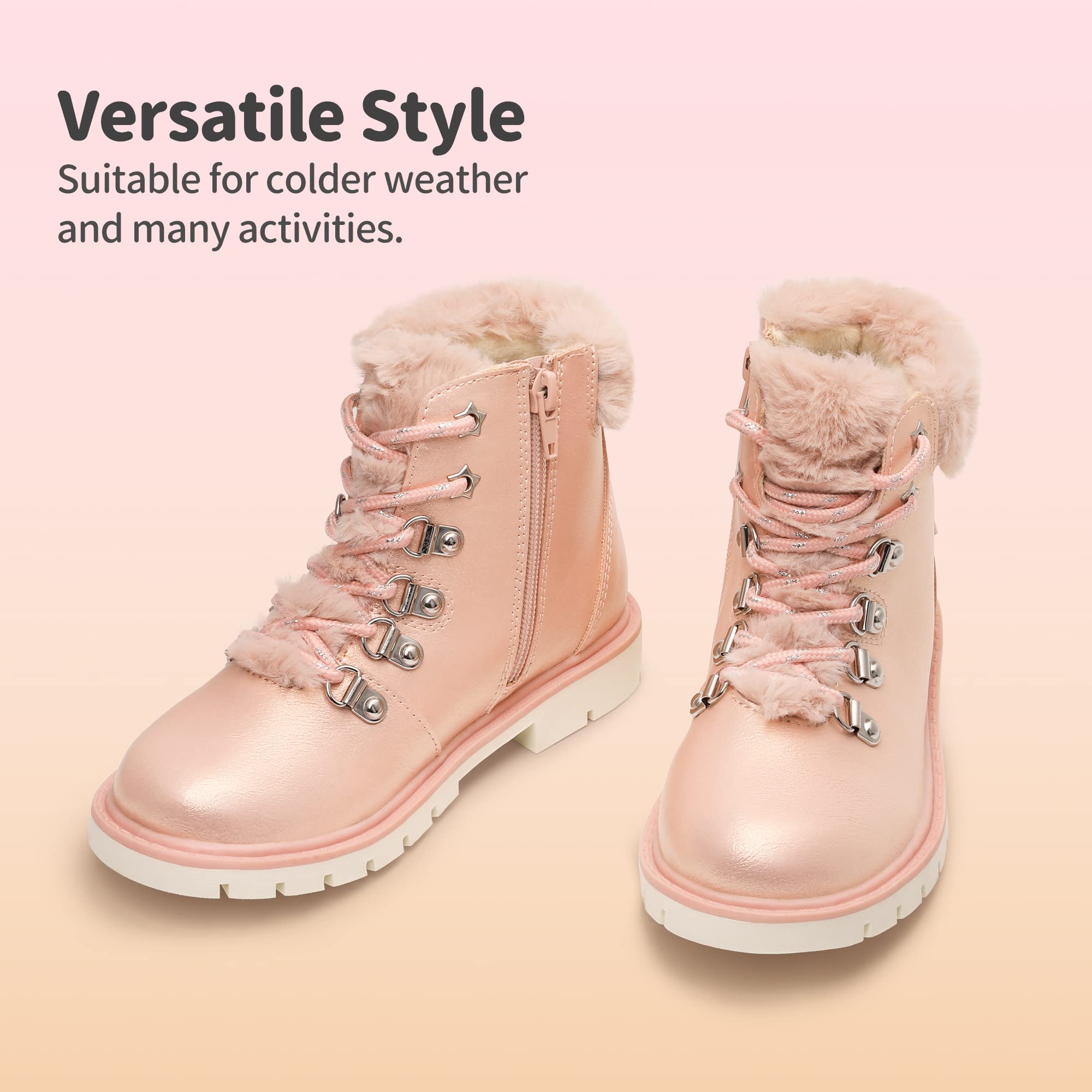 DREAM PAIRS Girls Kids Side Zipper Lace up Faux Fur Ankle Boots,Size 4 Big Kid,PINK/PU,SDBO213K