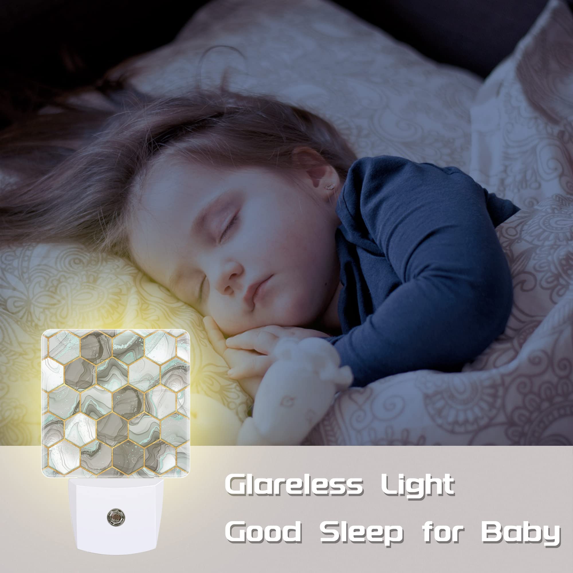 MSEAANBK Night Light Plug into Wall Hexagon Golden Blue Marble Night Light with Dusk to Dawn Sensor Night Light for Kid Girls Boys Women Men Room Decor, Hallway, Kitchen, Bathroom, Nursery, Stairs