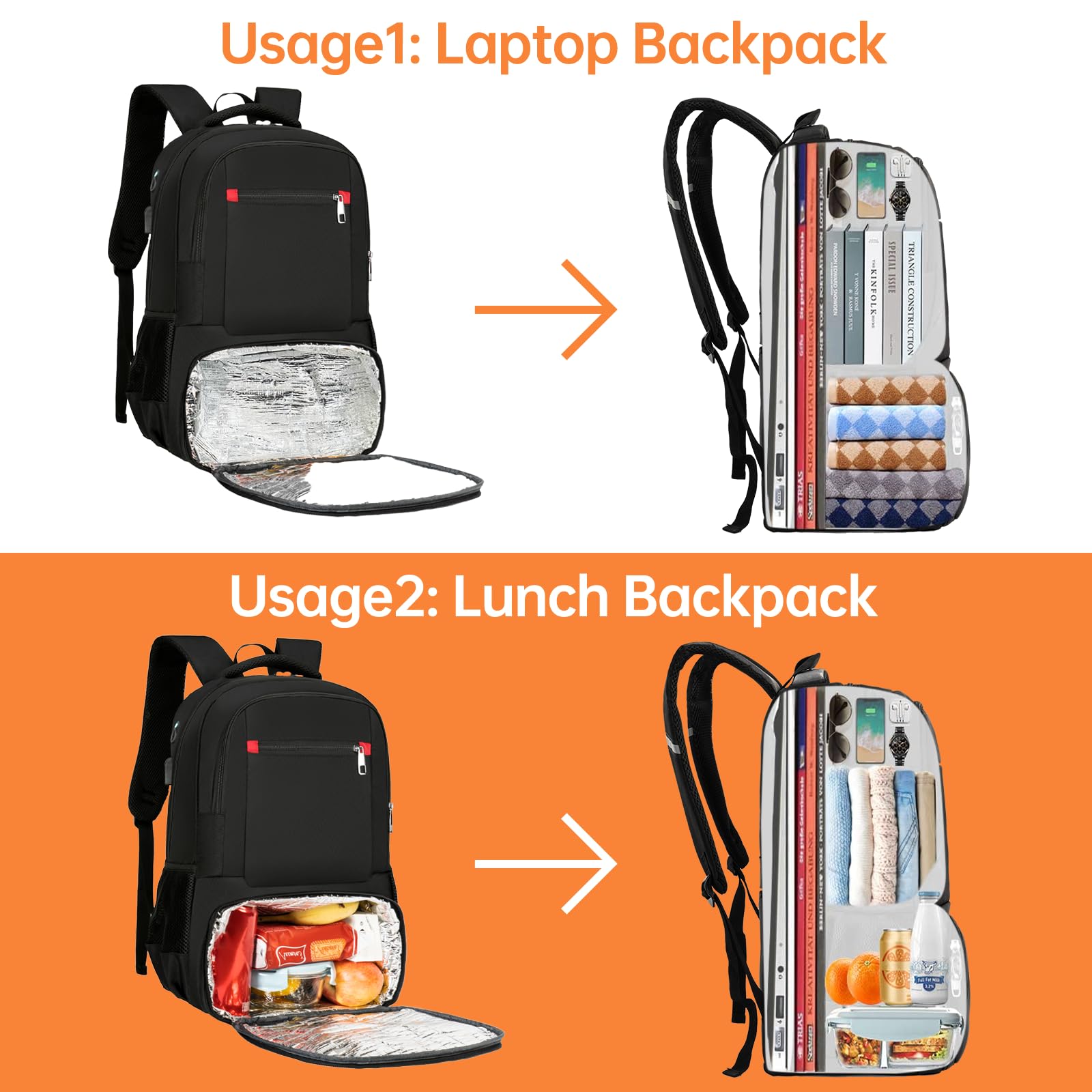DAILY&DIARY Lunch Backpack, Insulated Cooler Backpack with Lunch Compartment for Men Women Water Resistant Lunch Bag 15.6 Inch Laptop Backpack Durable for Work, School, Camping, Picnics, Black