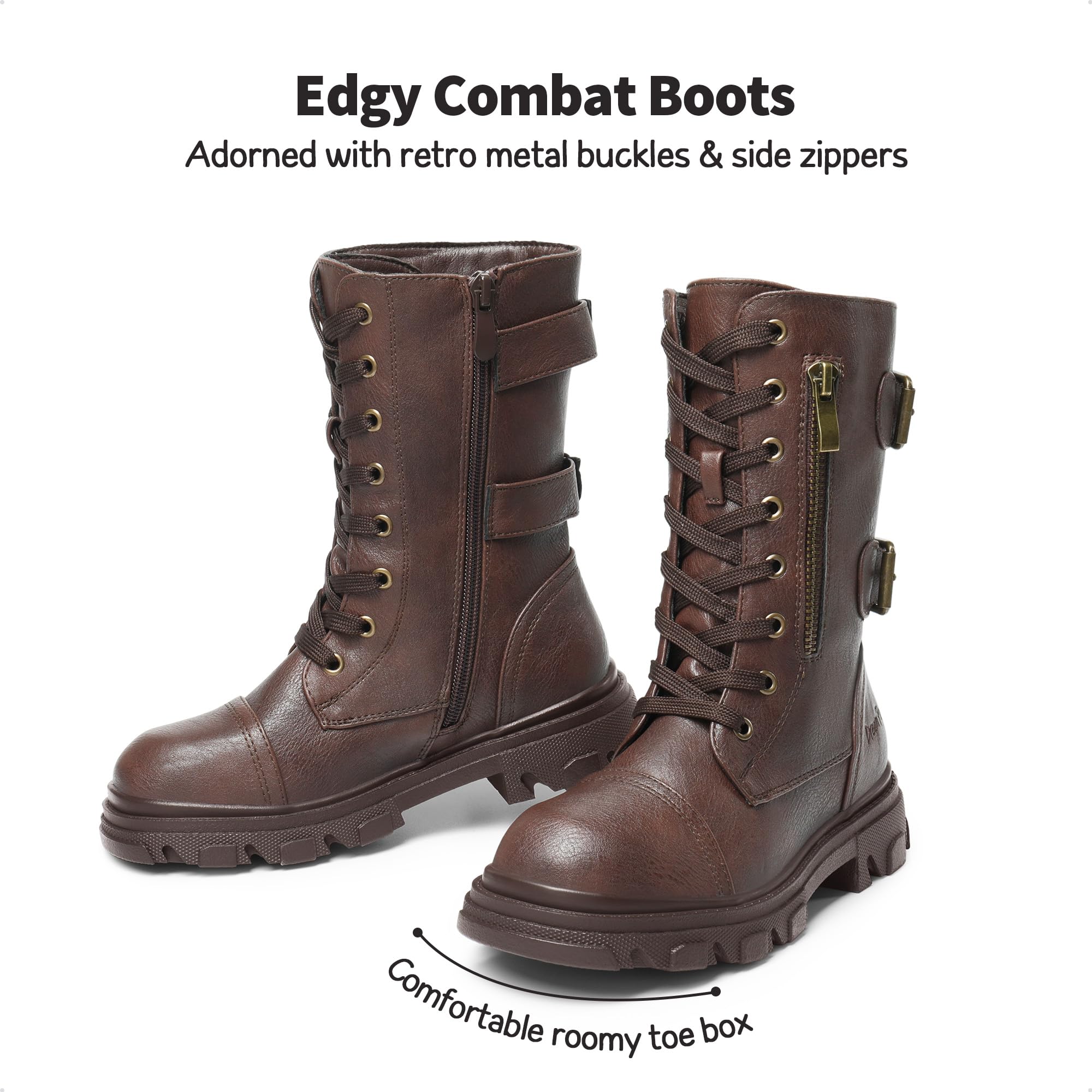 DREAM PAIRS Girls Combat Boots Side Zipper Ankle Booties SDBO2306K Size 6 Big Kid Brown