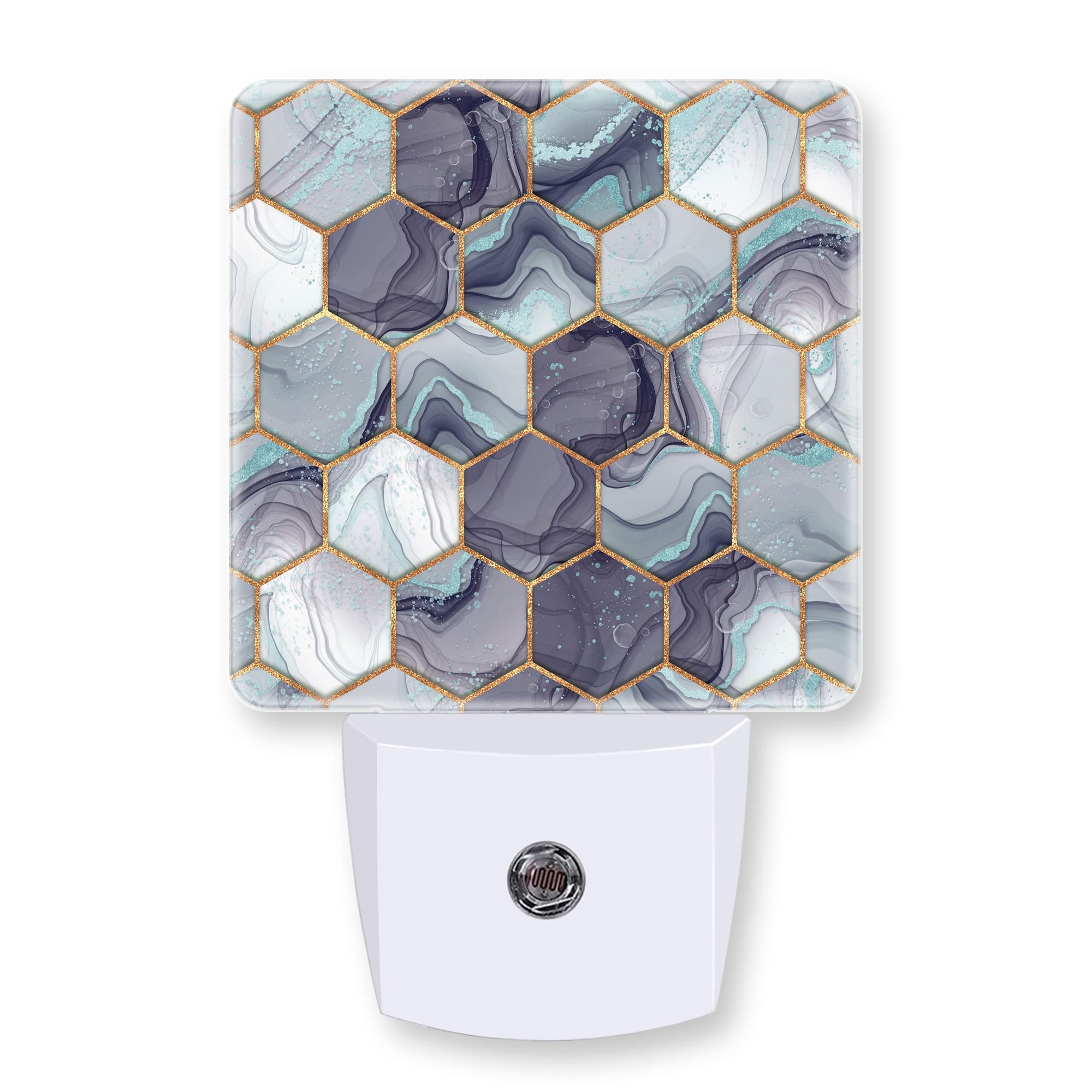 MSEAANBK Night Light Plug into Wall Hexagon Golden Blue Marble Night Light with Dusk to Dawn Sensor Night Light for Kid Girls Boys Women Men Room Decor, Hallway, Kitchen, Bathroom, Nursery, Stairs