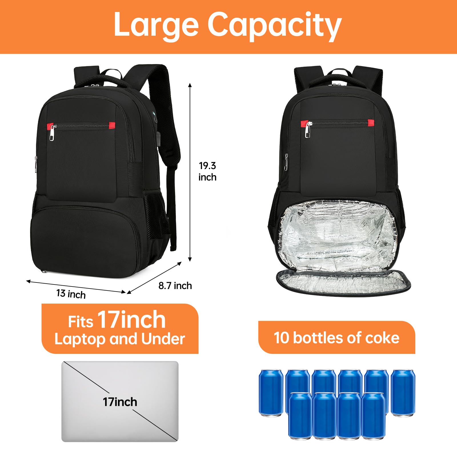 DAILY&DIARY Lunch Backpack, Insulated Cooler Backpack with Lunch Compartment for Men Women Water Resistant Lunch Bag 15.6 Inch Laptop Backpack Durable for Work, School, Camping, Picnics, Black