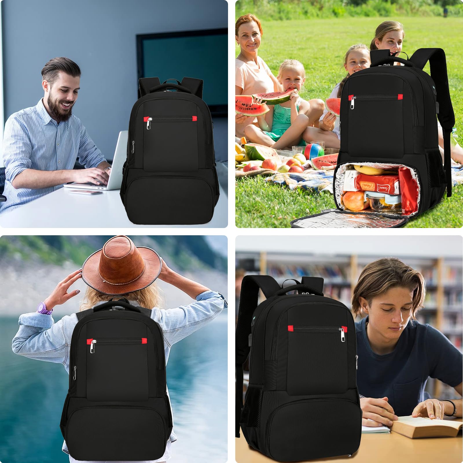 DAILY&DIARY Lunch Backpack, Insulated Cooler Backpack with Lunch Compartment for Men Women Water Resistant Lunch Bag 15.6 Inch Laptop Backpack Durable for Work, School, Camping, Picnics, Black