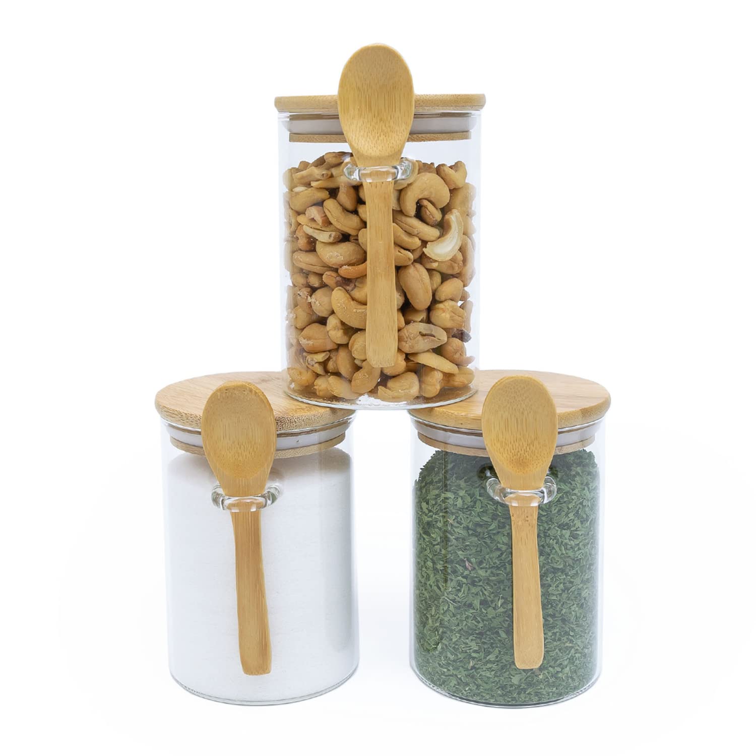 Set of 3 Airtight Glass Jars with Bamboo Lids & Bamboo Spoons - Decorative & Durable 17-Oz Borosilicate Glass Canisters Hold Coffee Beans, Tea, Flour, Sugar, Nuts, Candy, Bath Salts & More