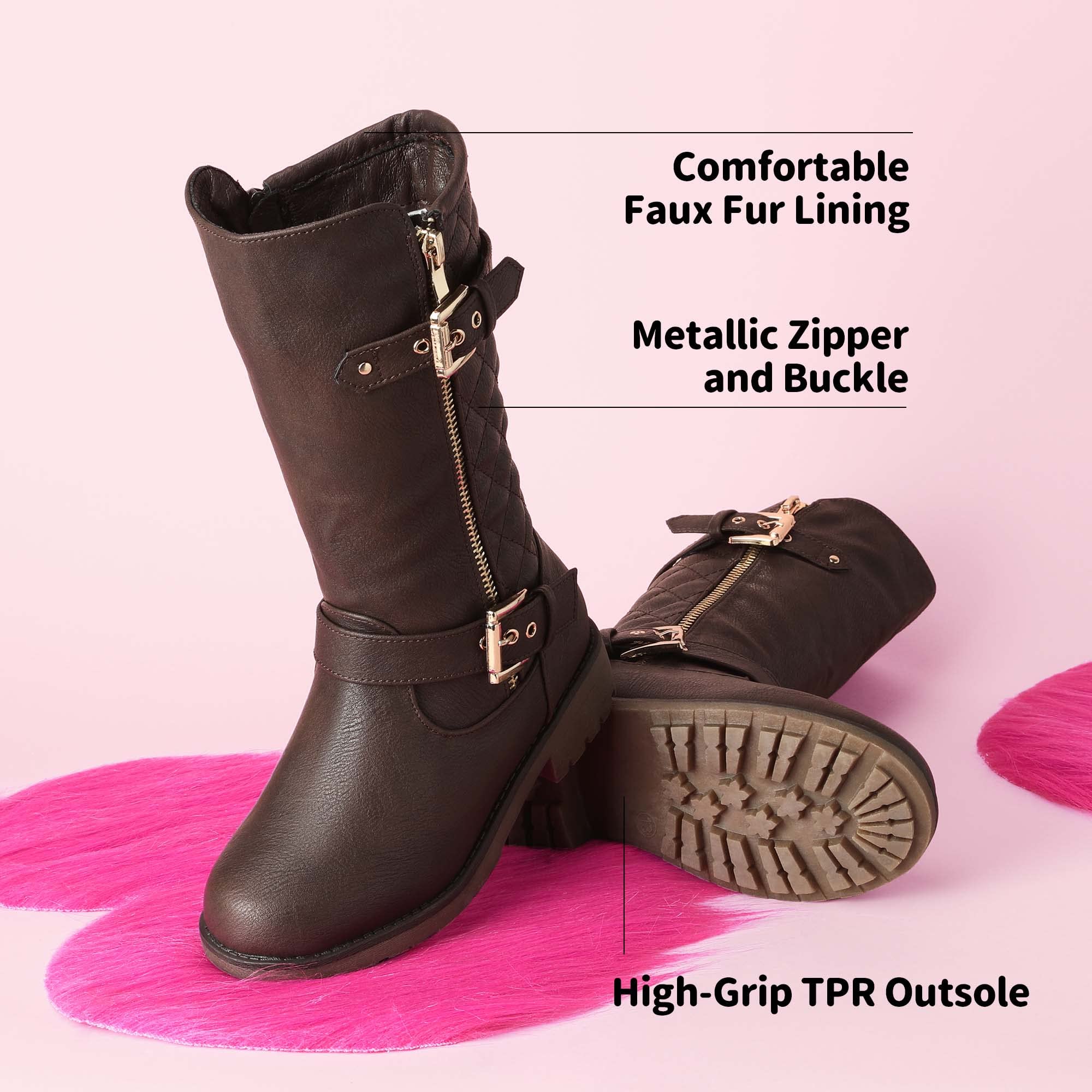 DREAM PAIRS Girls Little Kid Knice Brown Knee High Winter Motorcycle Riding Boots Size 3 M US Little Kid