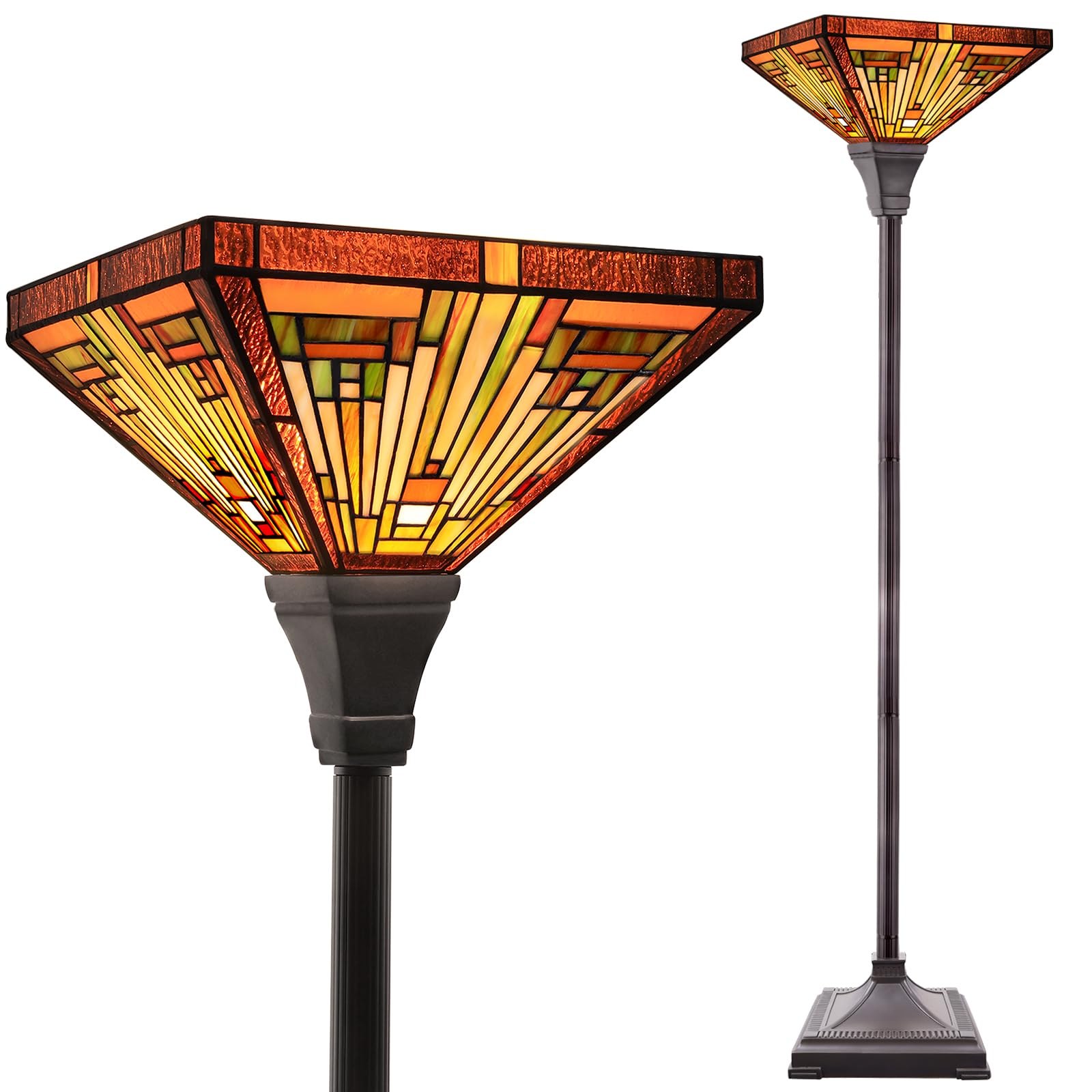 Capulina Tiffany Torchiere Floor Lamp 70" Tall Industrial Blackish Bronze Pole Amber Brown Style Stained Glass Torch Standing Light Decor for Living Room Bedroom Office