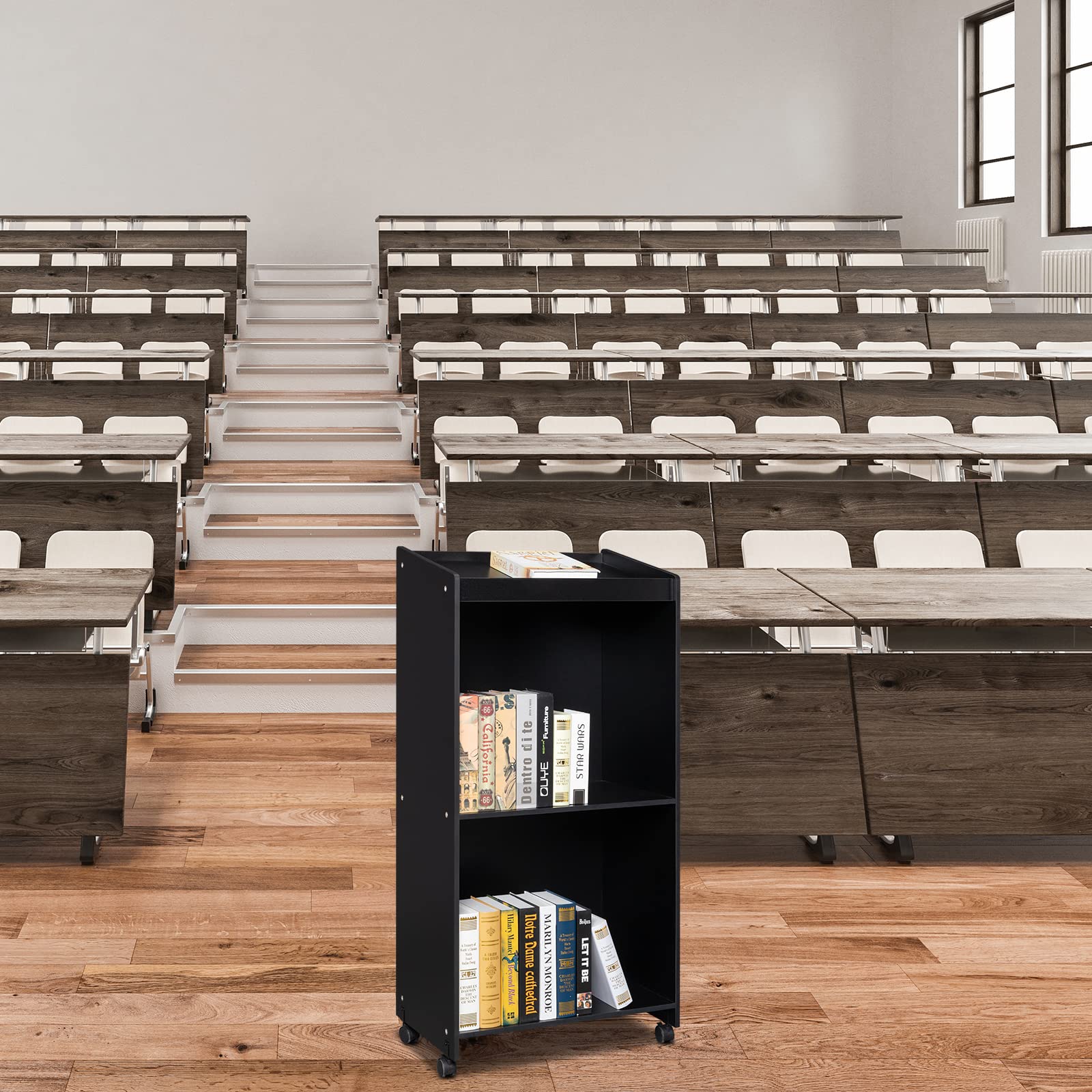 VINGLI 46.5”H Portable Podium Stand Mobile Lectern Podium with Storage Compartments, Pulpits for Churches, Reception Desk Checkout Stand for Meeting Room, Auditorium, Classroom and Reception, Black