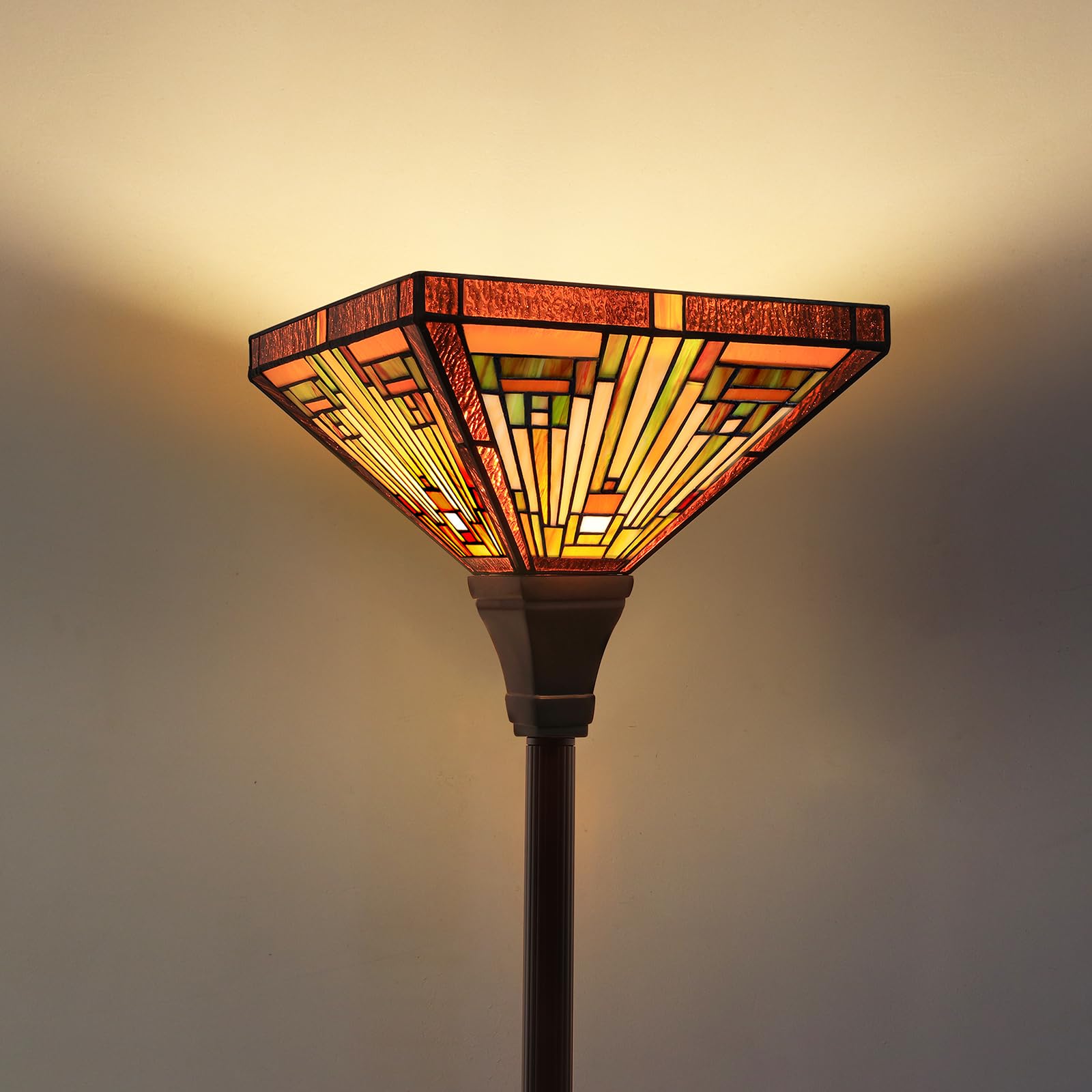 Capulina Tiffany Torchiere Floor Lamp 70" Tall Industrial Blackish Bronze Pole Amber Brown Style Stained Glass Torch Standing Light Decor for Living Room Bedroom Office