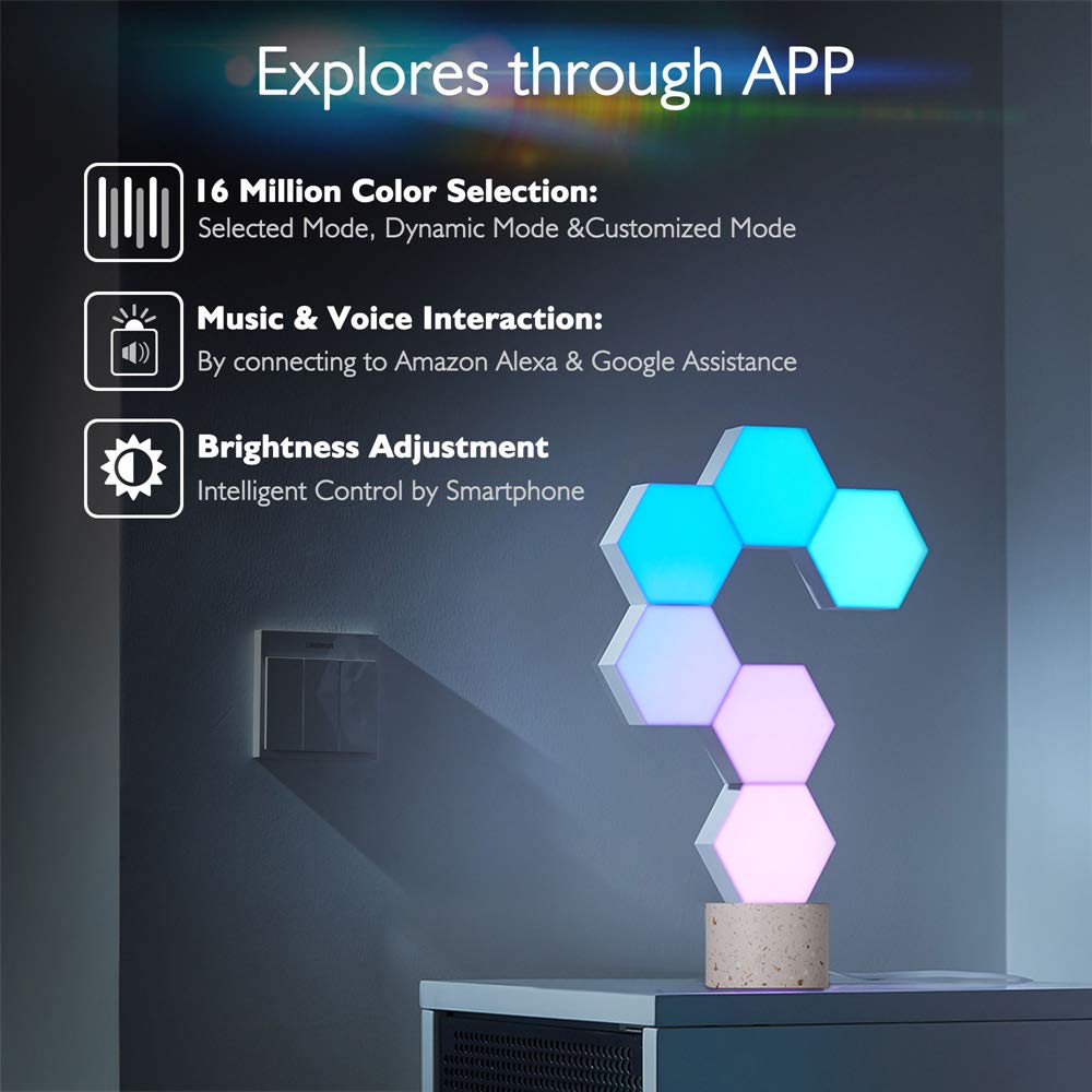 Yescom APP Control 6 Pack Smart LED Light Panels Hexagon Smarter Kit Modular Touch Sensitive Lamp DIY Voice Control Cololight Home Decor Gift