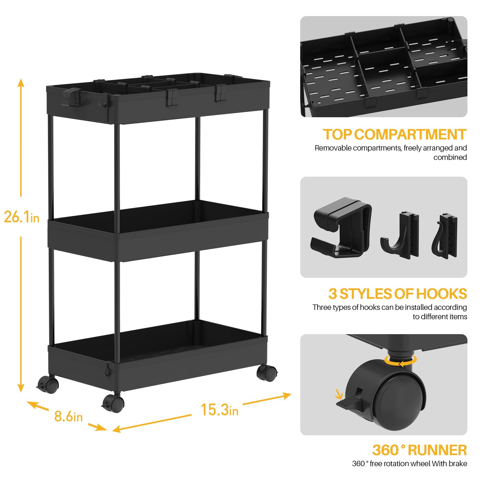 SPACELEAD 3 Tier Rolling Cart with Wheels, Storage Craft Art Cart Trolley Organizer Serving Cart, 3 Hanging Baskets Easy Assembly, for Office, Living Room, Kitchen, Black
