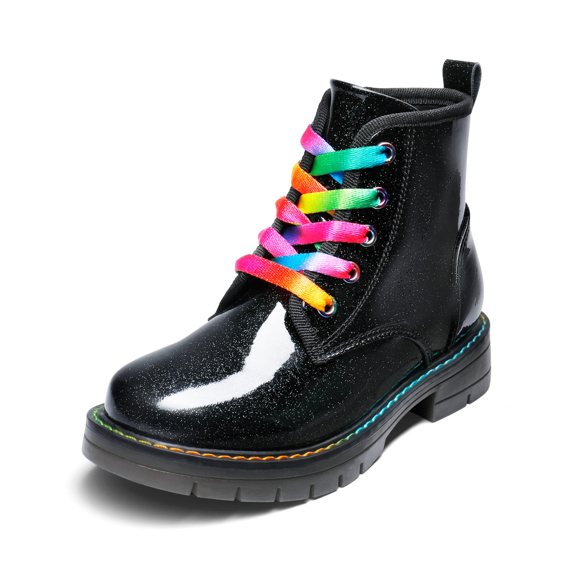 DREAM PAIRS Girls Boys Glitter Ankle Boots Side Zipper Combat Shoes with Lace Up for Toddler/Little Kid/Big Kid,Size 1 Little Kid,Black/Pu,SDBO2220K