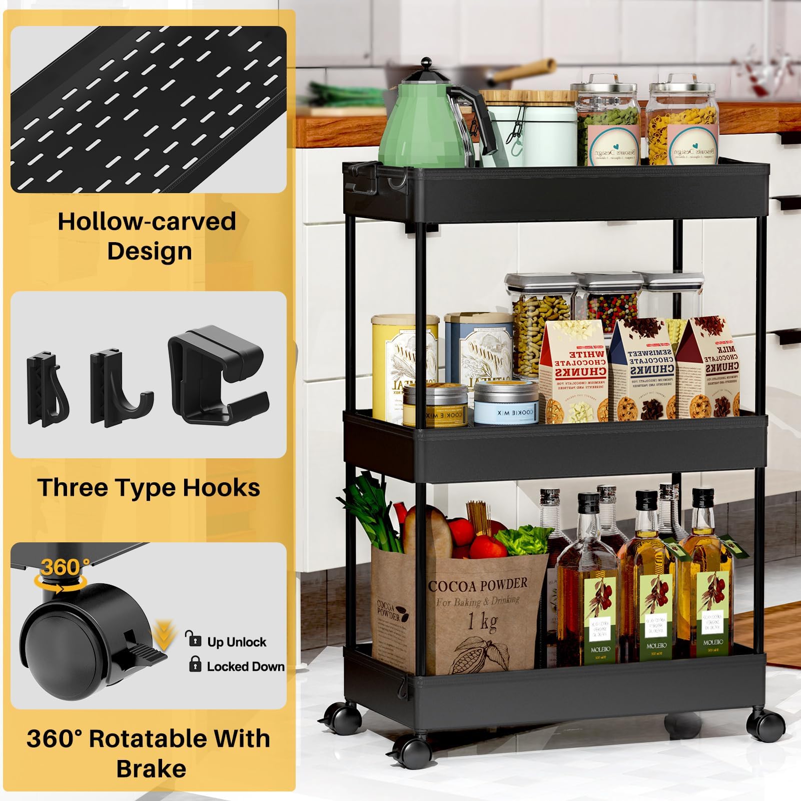 SPACELEAD 3 Tier Rolling Cart with Wheels, Storage Craft Art Cart Trolley Organizer Serving Cart, 3 Hanging Baskets Easy Assembly, for Office, Living Room, Kitchen, Black