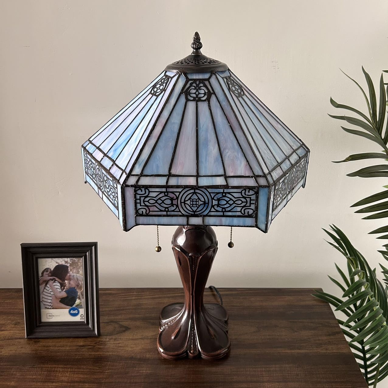 enjoy decor lamps Tiffany Table Lamp Blue Pink Stained Glass Hexagon LED Bulbs Included for Living Room Bedroom Bedside 16" W*16" D*24" H