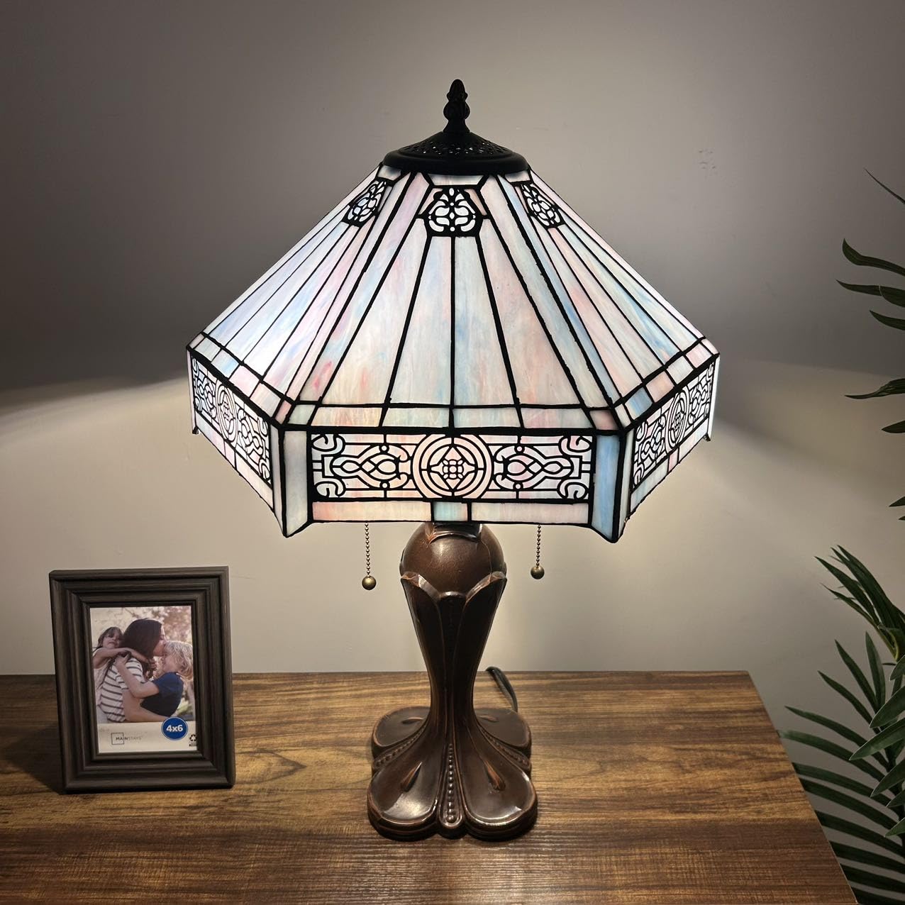 enjoy decor lamps Tiffany Table Lamp Blue Pink Stained Glass Hexagon LED Bulbs Included for Living Room Bedroom Bedside 16" W*16" D*24" H