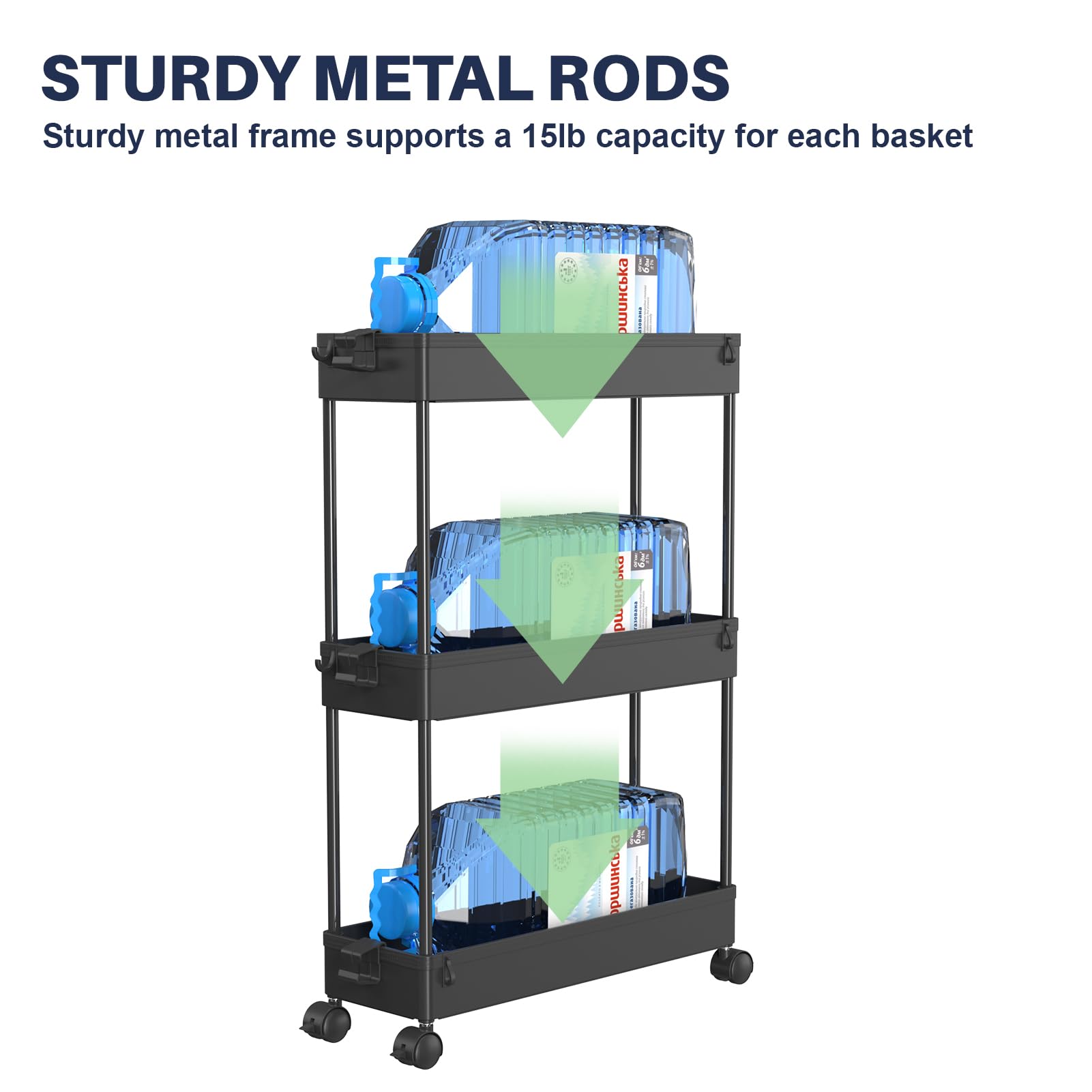 SPACELEAD 3 Tier Rolling Cart with Wheels, Storage Craft Art Cart Trolley Organizer Serving Cart, 3 Hanging Baskets Easy Assembly, for Office, Living Room, Kitchen, Black