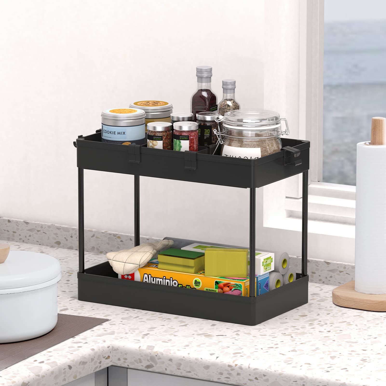 SPACELEAD 3 Tier Rolling Cart with Wheels, Storage Craft Art Cart Trolley Organizer Serving Cart, 3 Hanging Baskets Easy Assembly, for Office, Living Room, Kitchen, Black