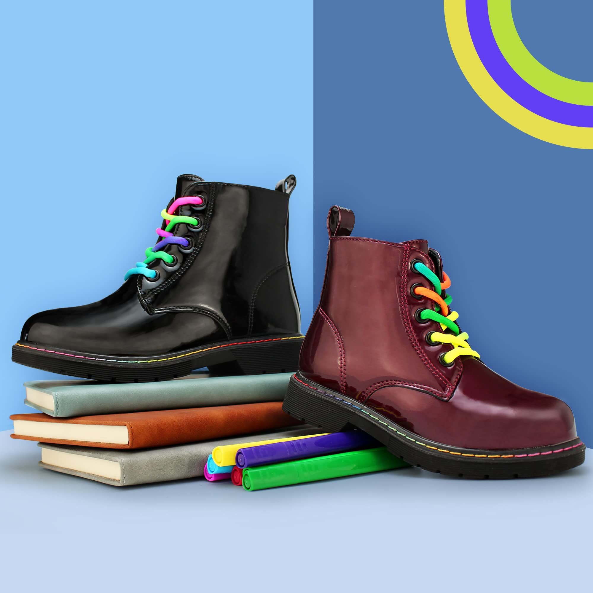 Hawkwell Girls Boys Combat Work Boots Side Zipper Ankle Boots with Rainbow Lace Up,Black Patent PU,13 M US Little Kid