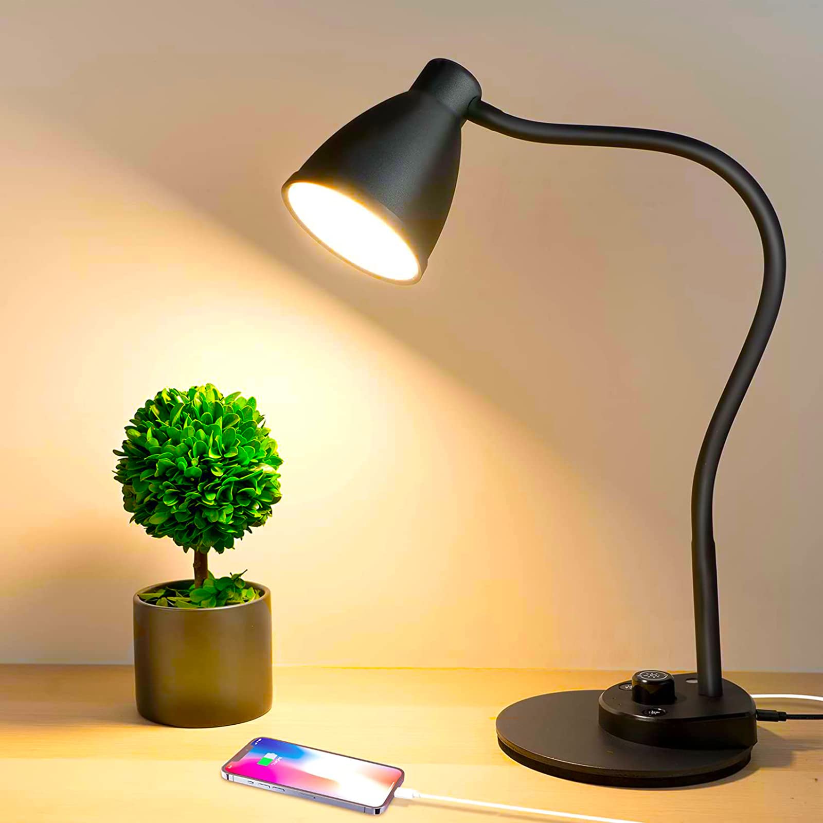 BOHON LED Desk Lamp with USB Charging Port 3 Color Modes Dimmable Reading Light Intelligent Induction Auto Dimming Task Lamp Flexible Gooseneck Table Lamp for Bedside Office, AC Adapter Include