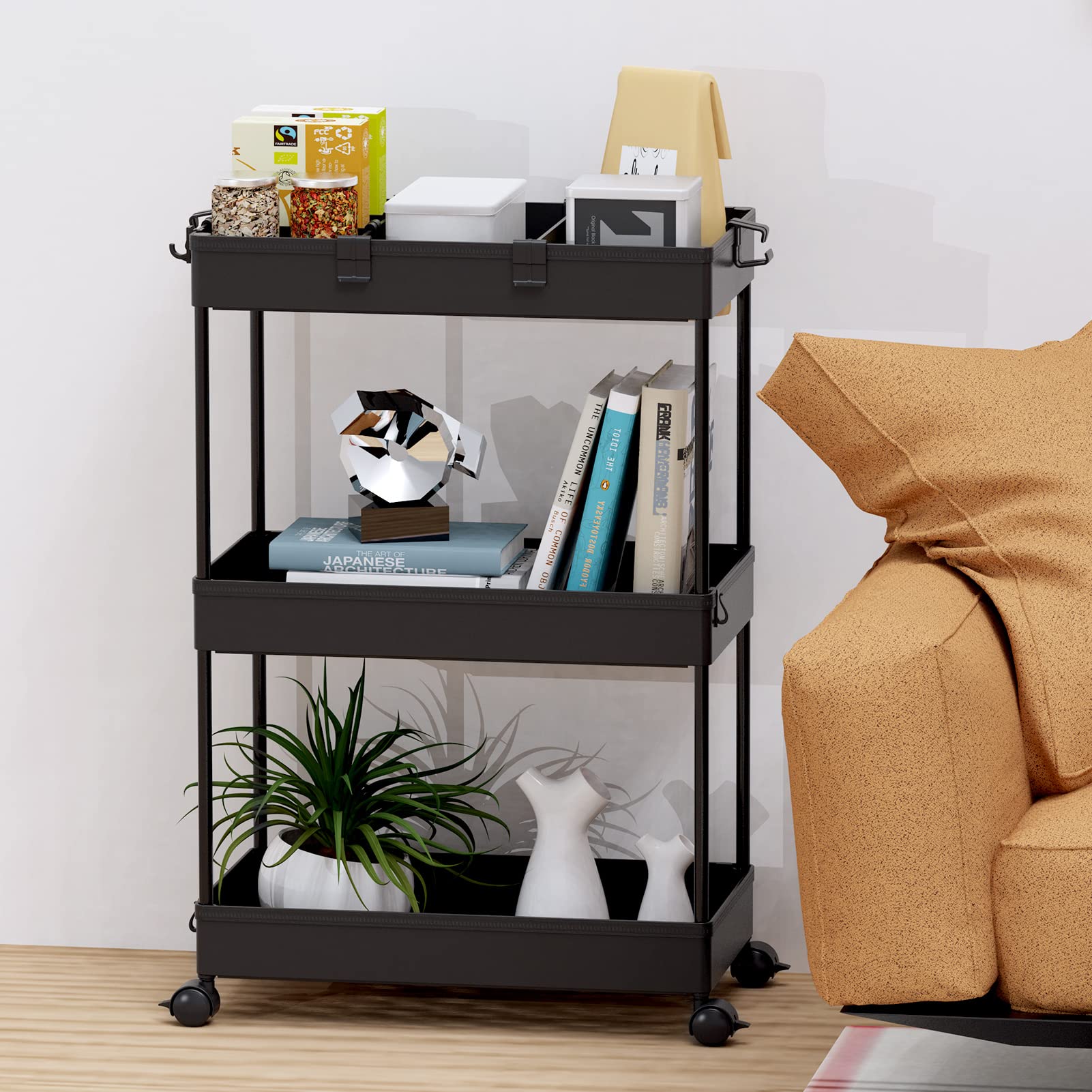 SPACELEAD 3 Tier Rolling Cart with Wheels, Storage Craft Art Cart Trolley Organizer Serving Cart, 3 Hanging Baskets Easy Assembly, for Office, Living Room, Kitchen, Black