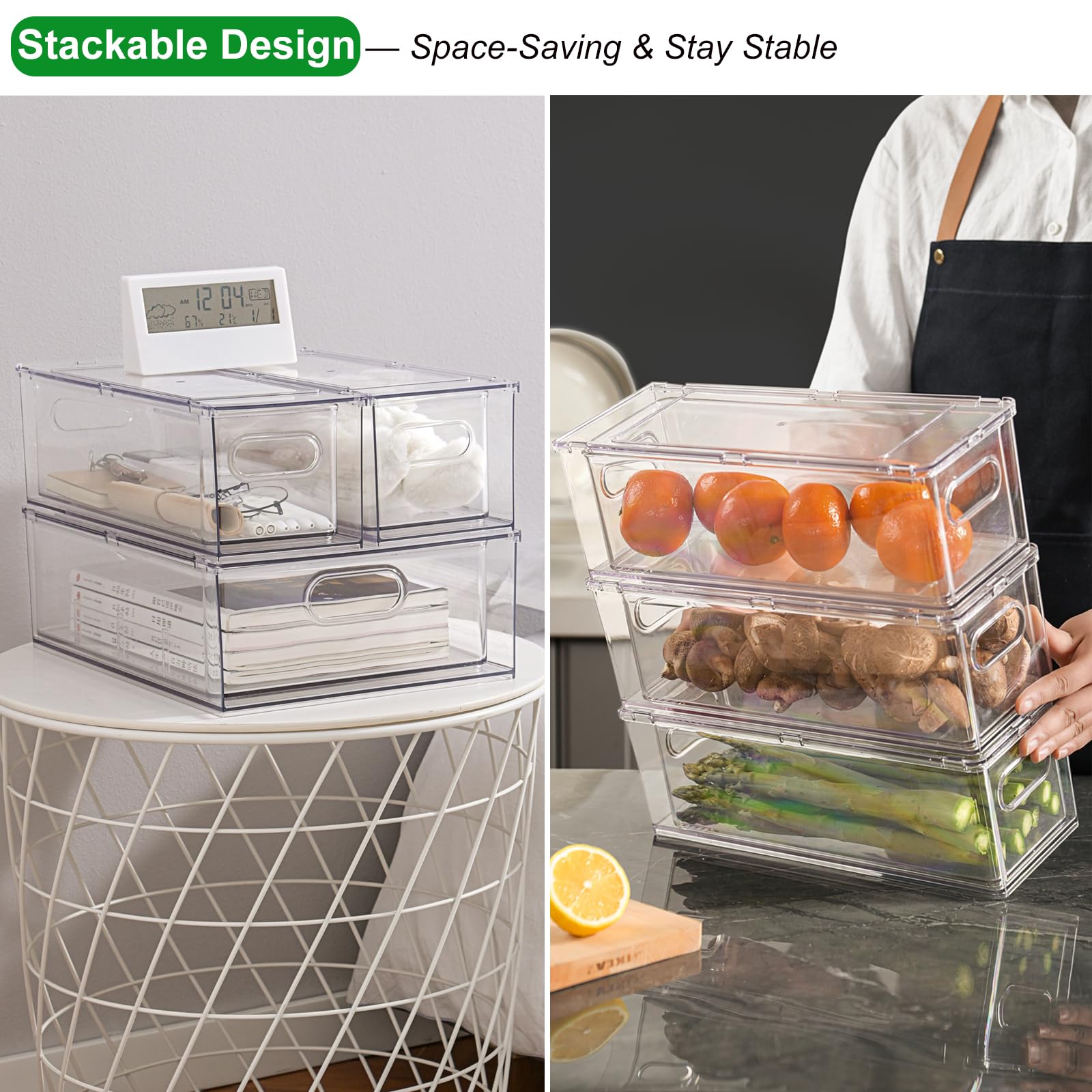 2 Pack Refrigerator Organizer Bins with Pull-out Drawer, Stackable Fridge Drawer Organizer Set with Handle, BPA-free Drawable Clear Storage Cases for Freezer, Cabinet, Kitchen, Pantry Organization