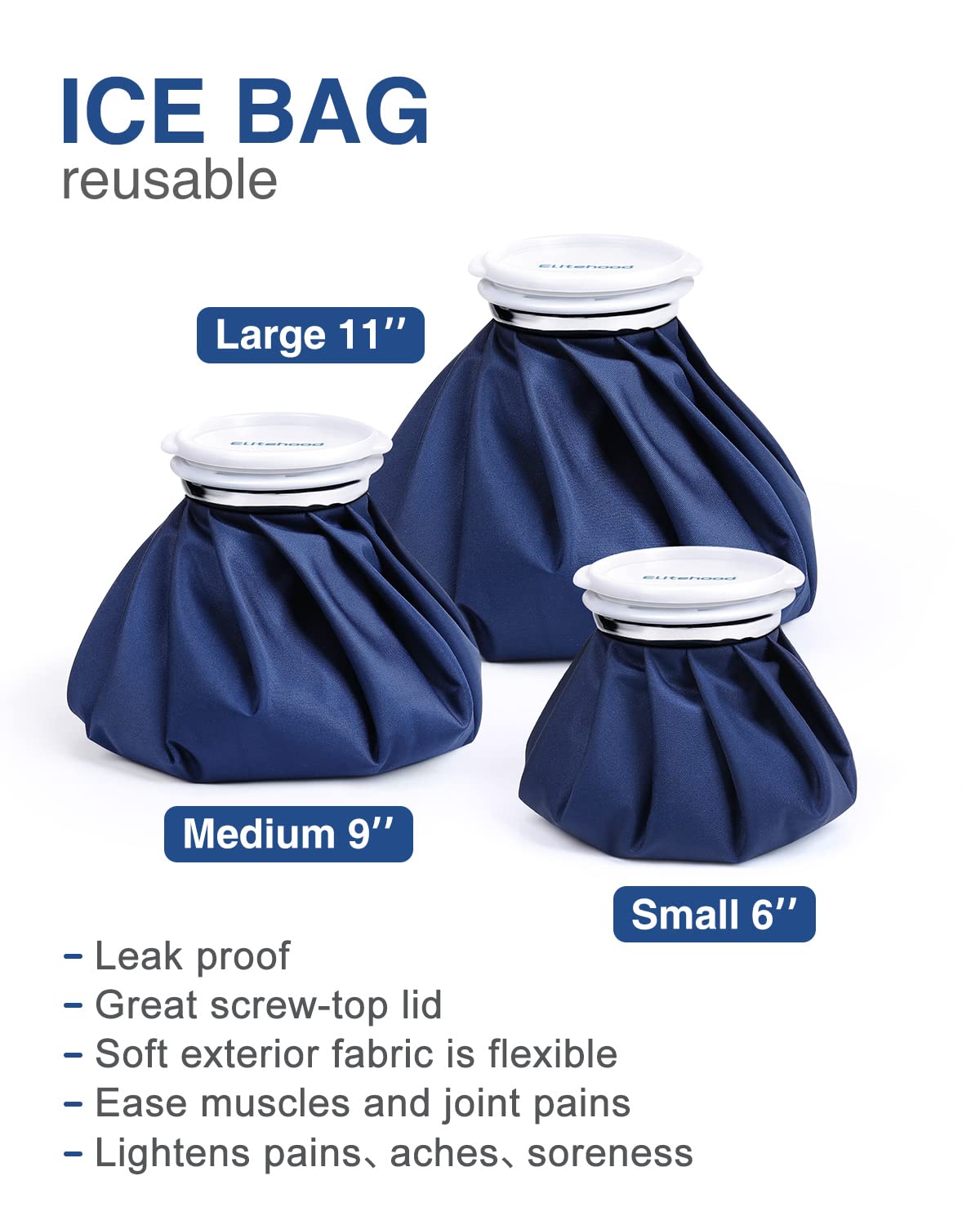 elitehood Reusable Ice Bag Ice Pack for Injuries, 3 Sizes (6"/9"/11") Refillable Ice Bag, Hot & Cold Therapy Ice Bag for Injury and Pain Relief with Elastic Breathable Support Wrap and Extension wrap