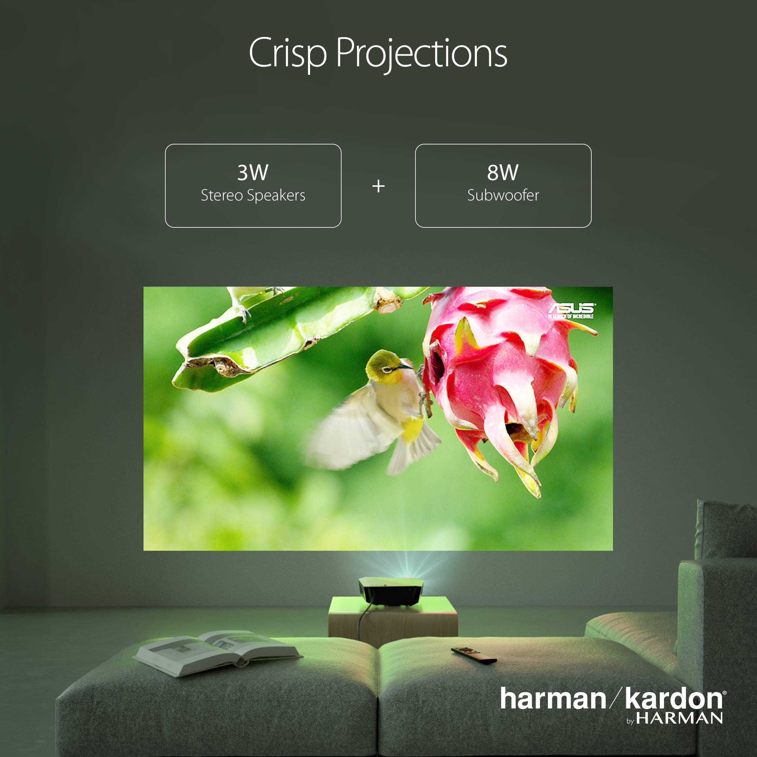 ASUS F1 LED Projector, FHD 1080P 1200 Lumens, 3D, Short Throw | Premium Audio by Harman Kardon | Wireless Projection | Remote Control | 2 Years Warranty