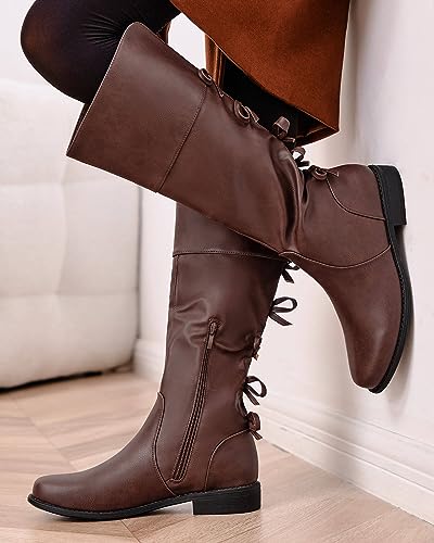 Coutgo Girls Knee High Boot Bowknot Low Chunky Heel Zipper Fashion Winter Riding Boots